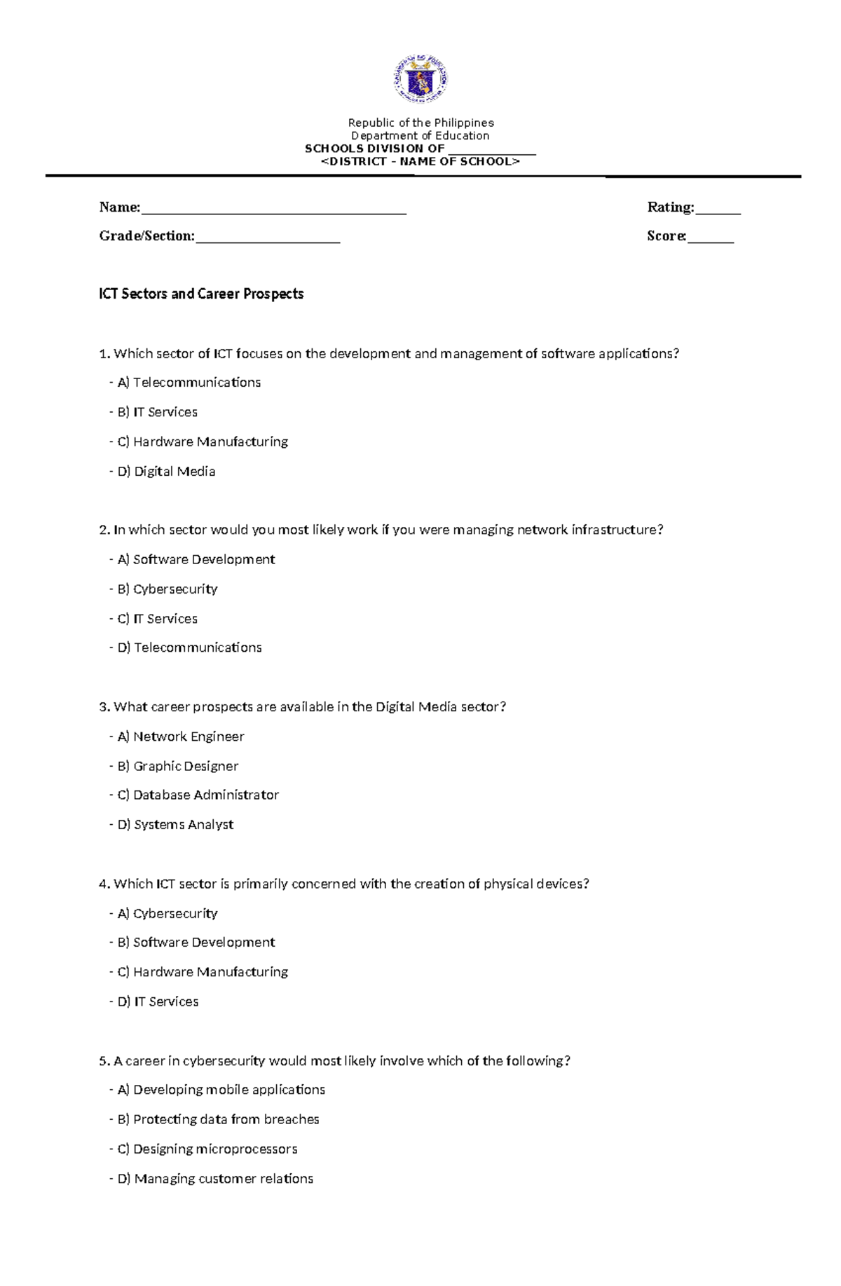 Grade 7 TLE Q1 TEST - NONE - Department of Education SCHOOLS DIVISION ...