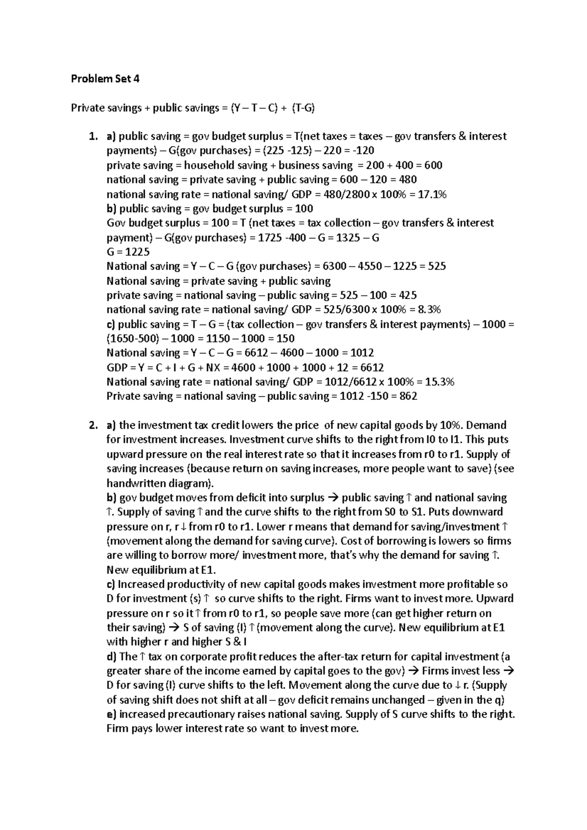 Preparation for Problem Set 4 - Problem Set 4 Private savings + public ...