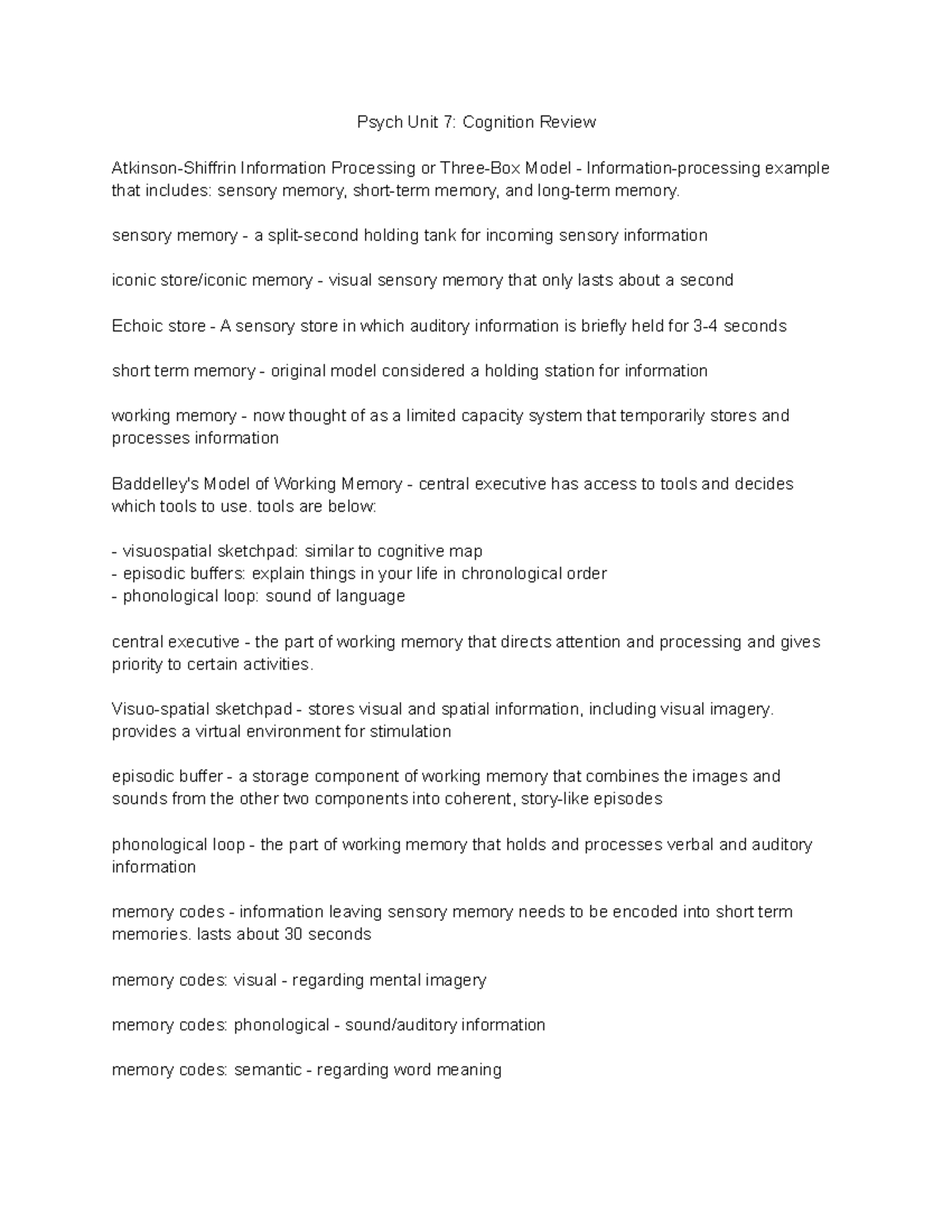 Psych Unit 7 Cognition Review - Psych Unit 7: Cognition Review Atkinson ...