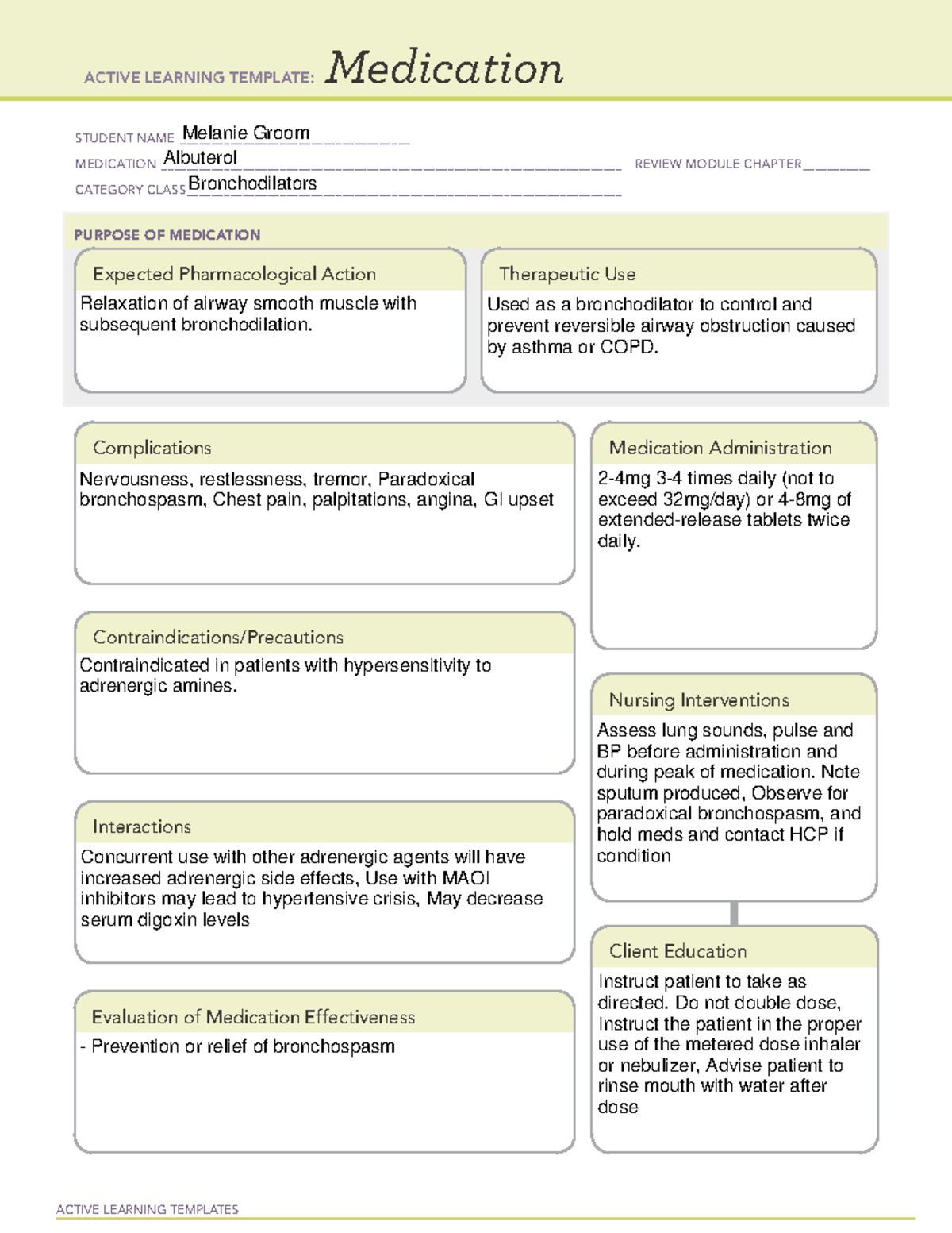 Albuterol Week 2 - ACTIVE LEARNING TEMPLATES Medication STUDENT NAME ...