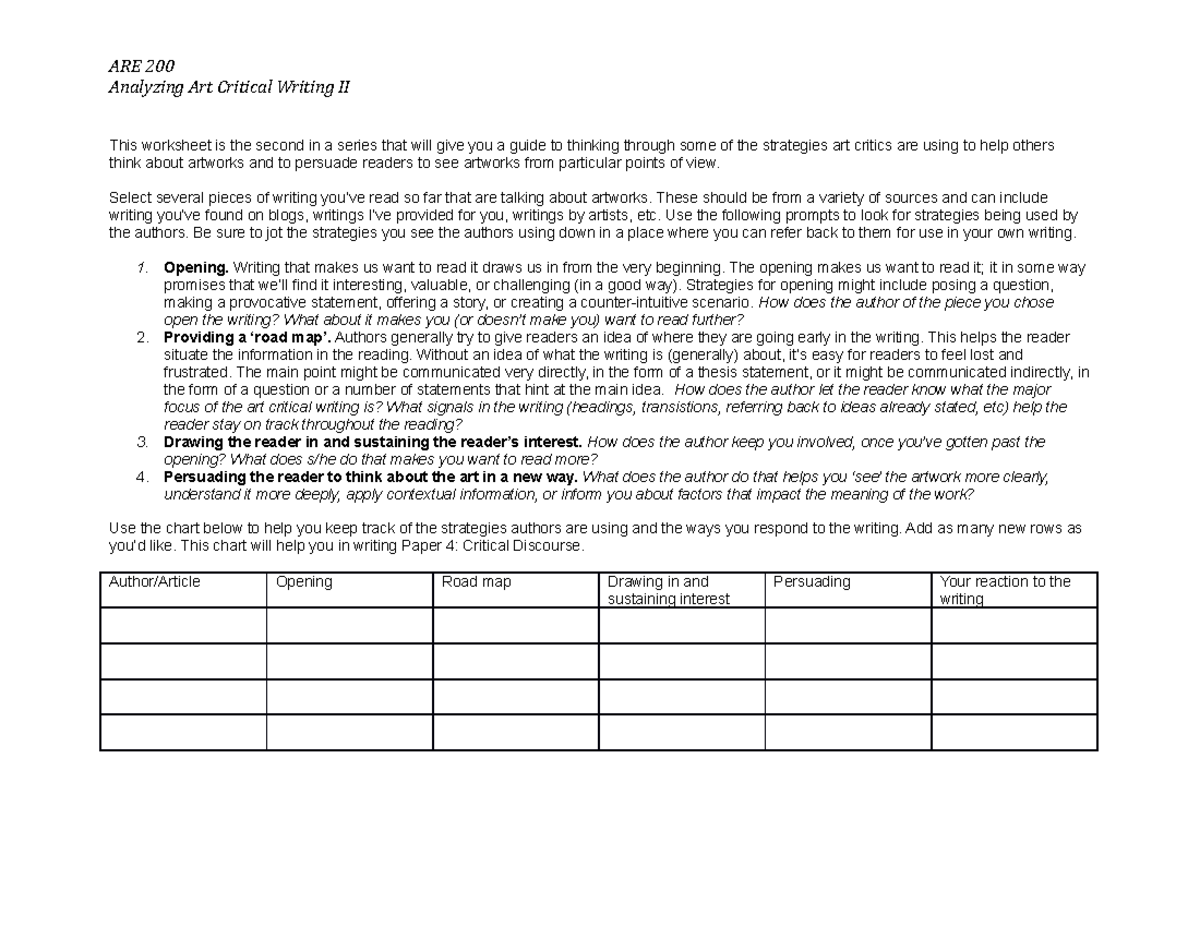 Analyzing Art Critical Writing II - ARE 200 Analyzing Art Critical ...