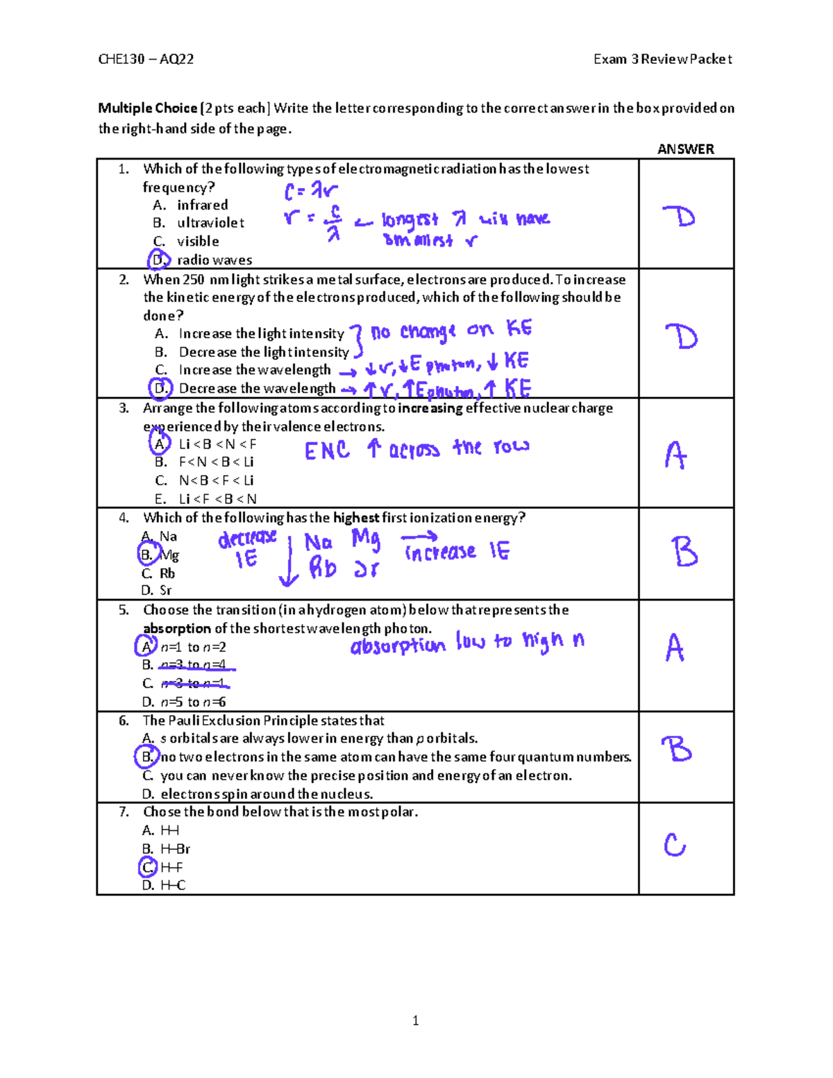 Exam 3 Review Packet Key - Multiple Choice [2 pts each] Write the ...
