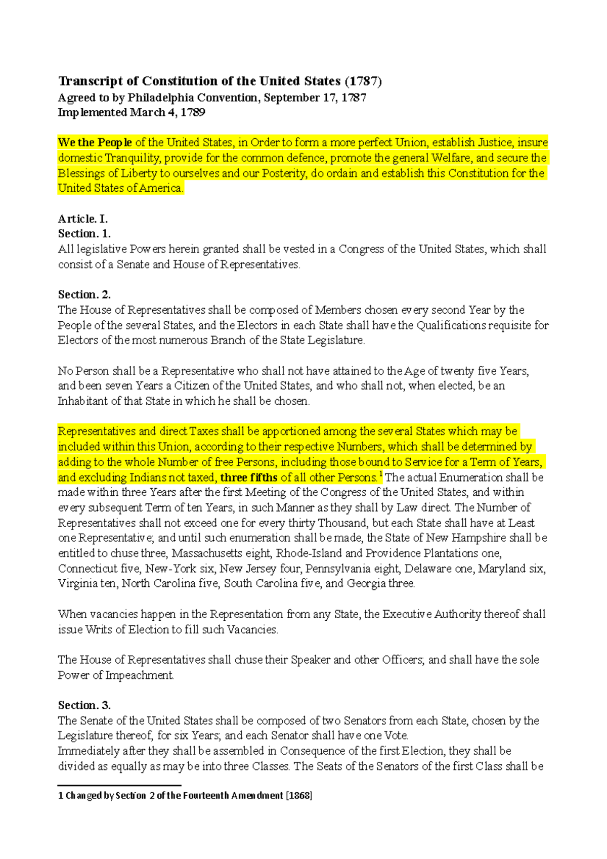 Constitution of the United States 1787 - Article. I. Section. 1. All ...