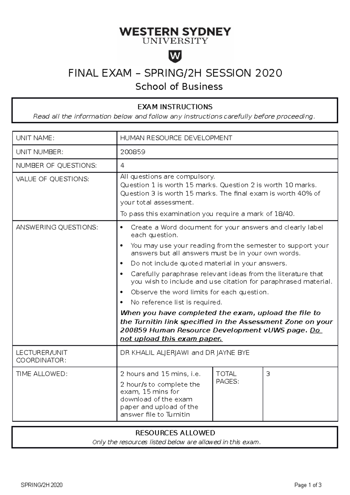 2008 59 HRD Sample exam - FINAL EXAM – SPRING/2H SESSION 2020 School of ...