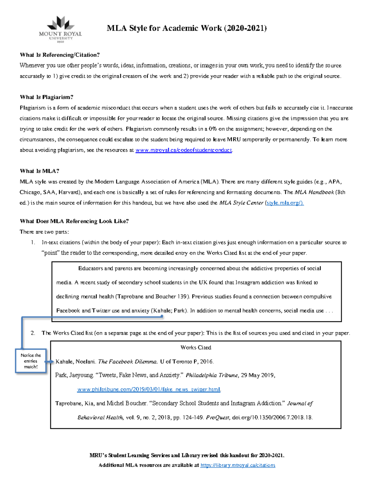 MLA for Academic Writing 2020-2021 - Engl 255 - MRU’s Student Learning ...
