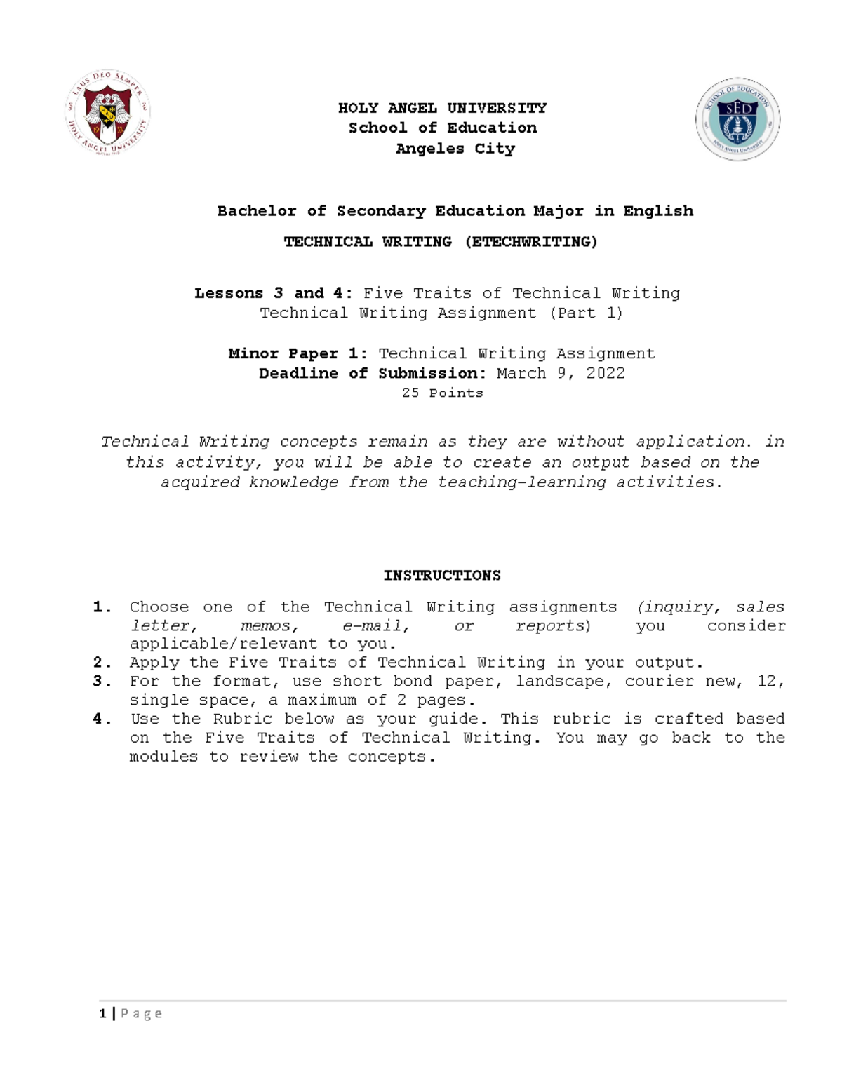 Minor Paper 1 - Technical Writing Assignment Part 1 -472479326 - HOLY ...