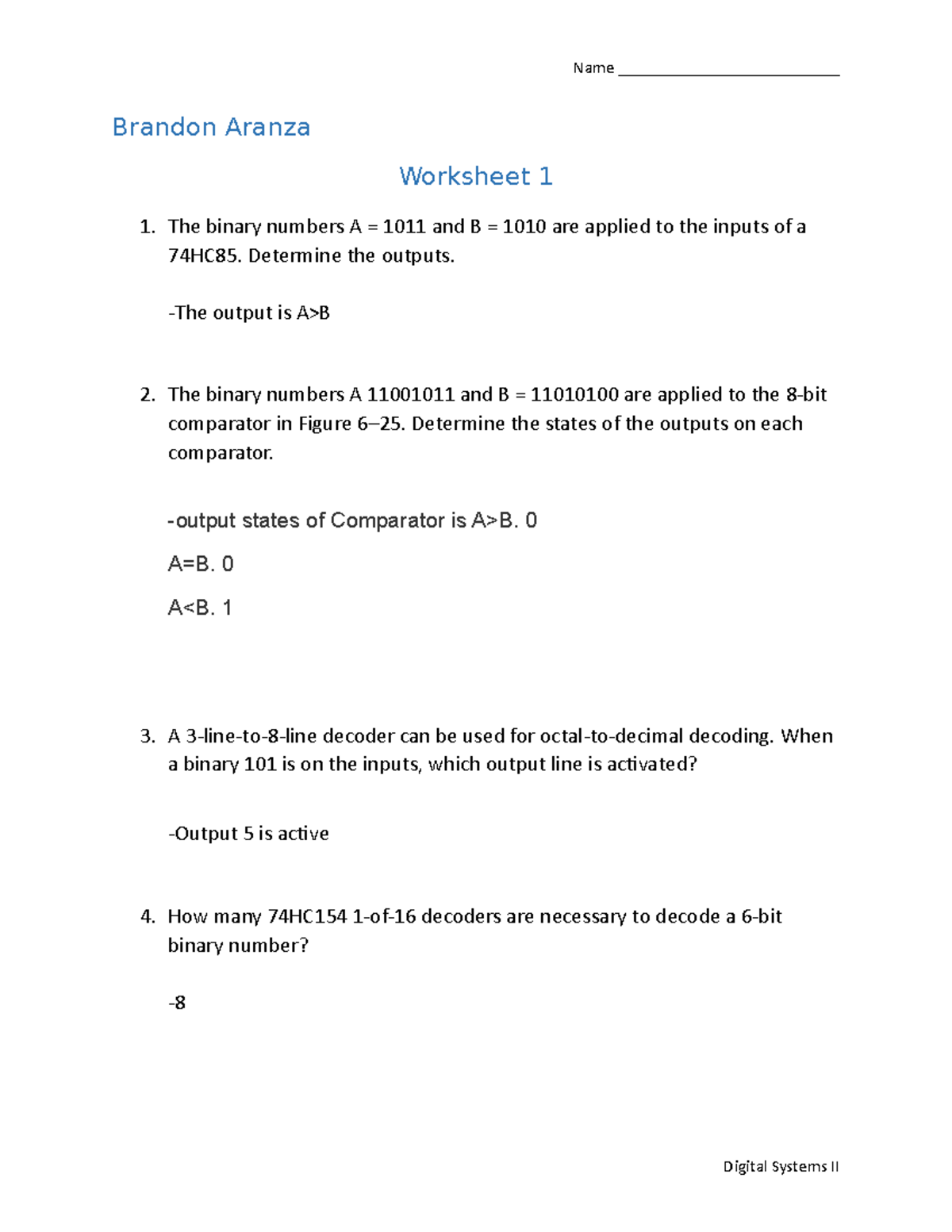 Digital Systems II Worksheet 1 - Name ...