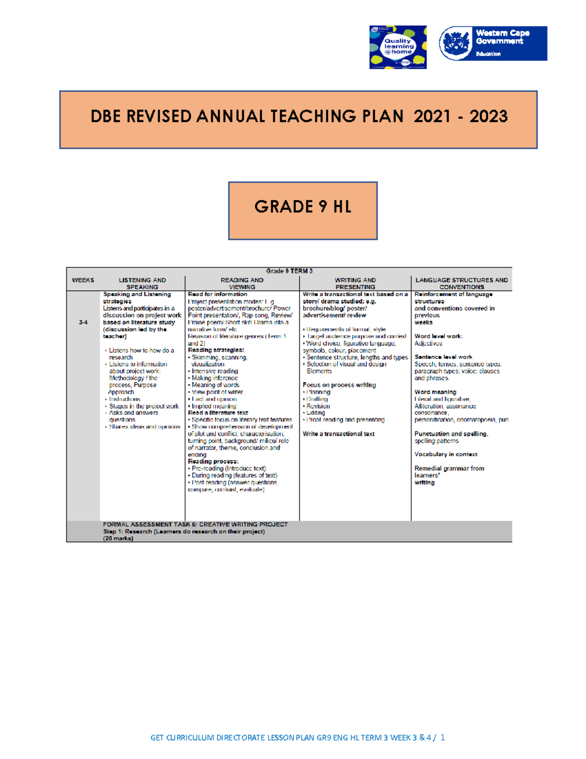 Lesson plan week 2 term 3 Questionnaire - DBE REVISED ANNUAL TEACHING ...
