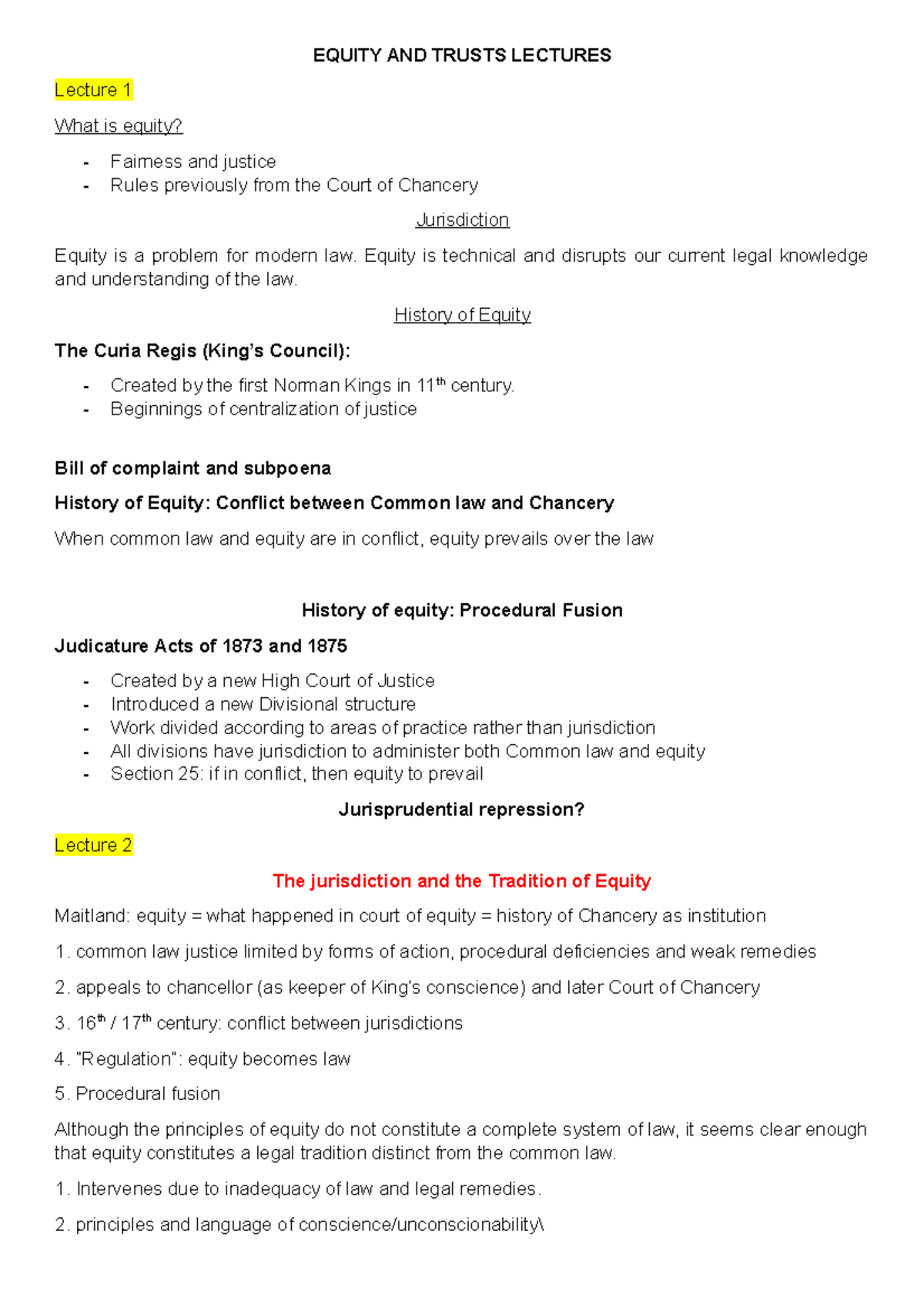 Equity AND Trusts Lectures - EQUITY AND TRUSTS LECTURES Lecture 1 What ...