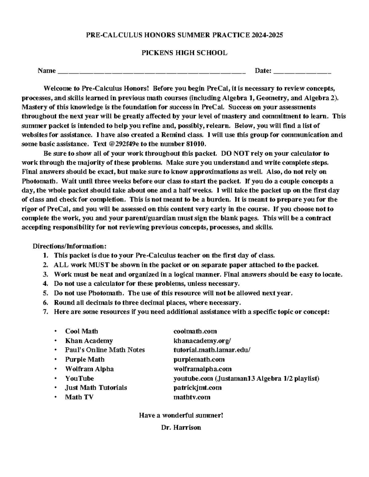 Pre Cal+Summer+Work+(24-25) - PRE-CALCULUS HONORS SUMMER PRACTICE 2024 ...