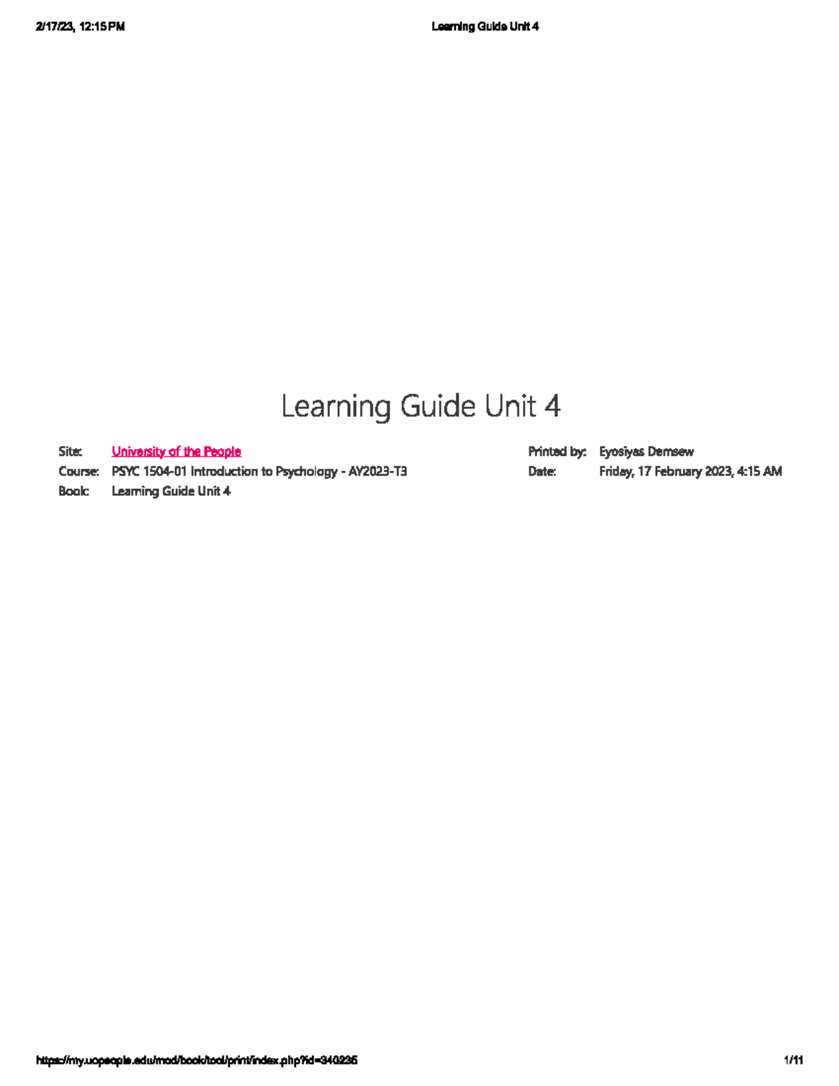 Intro to psyc. week 4 learning guide uopeople - PSYC 1504 - Studocu