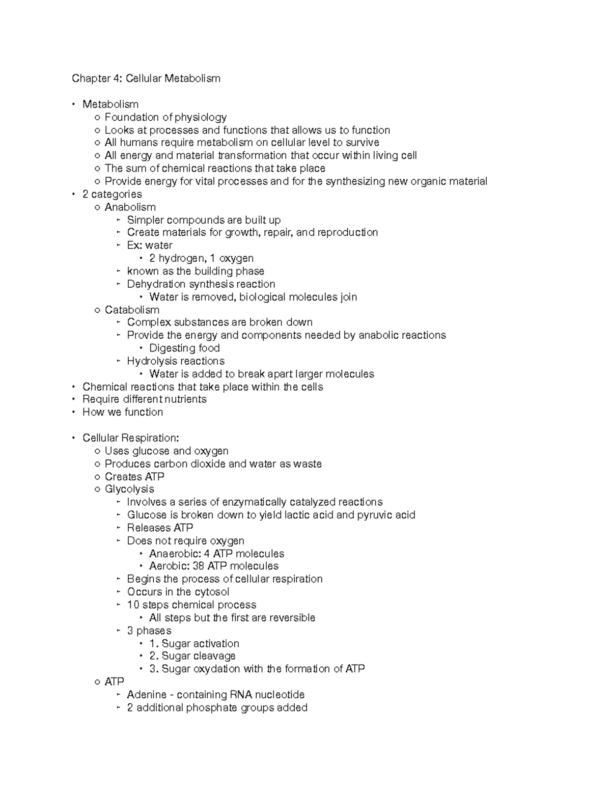 Chapter 4: Cellular Metabolism - Chapter 4: Cellular Metabolism ...