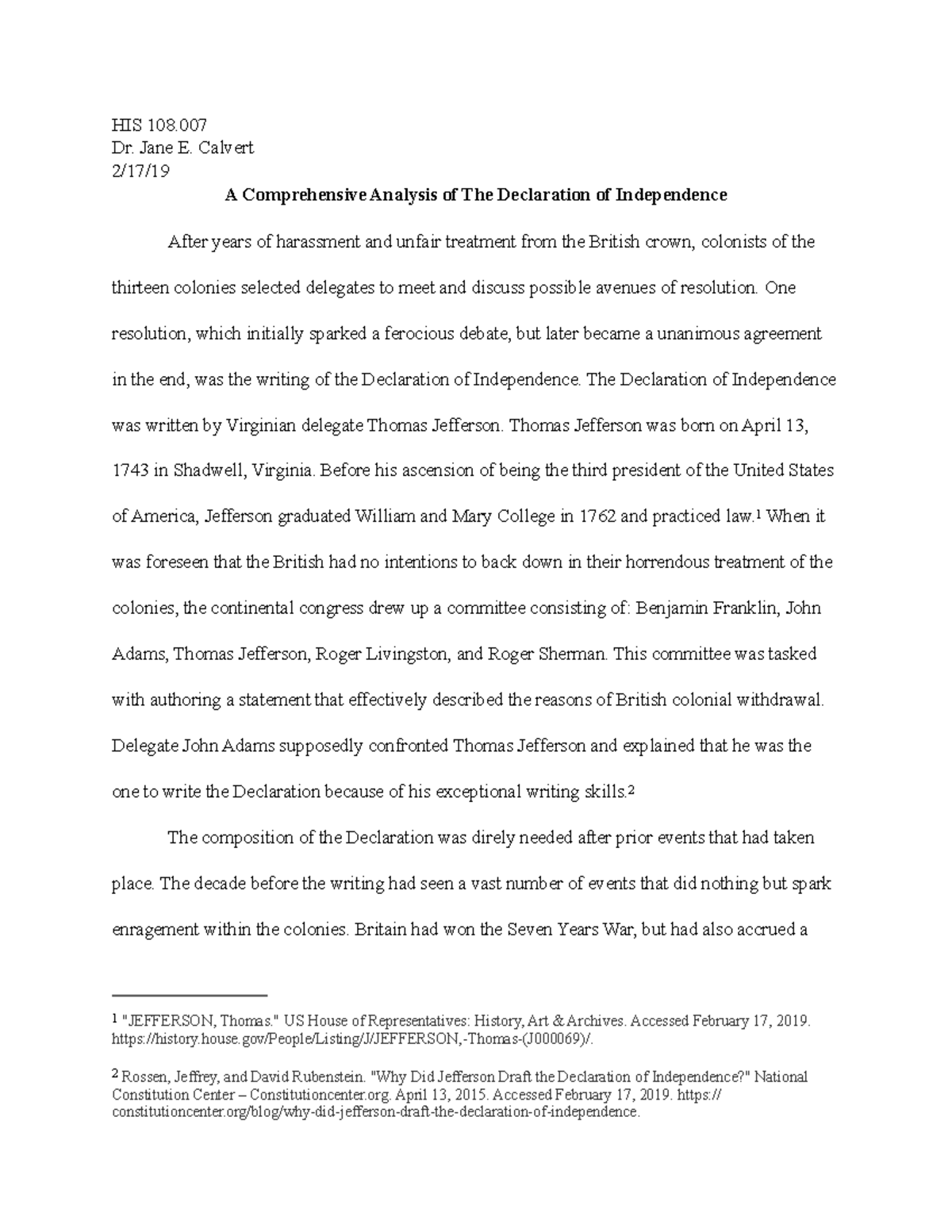 A Comprehensive Analysis of The Declaration of Independence - HIS 108 ...