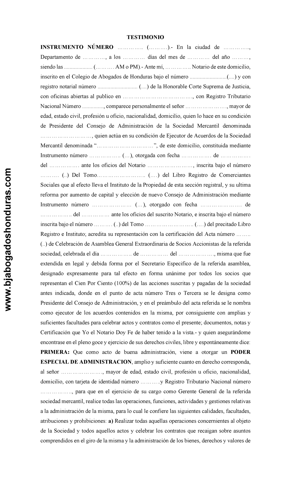 Formato Escritura Poder Especial Administracion Honduras - TESTIMONIO ...