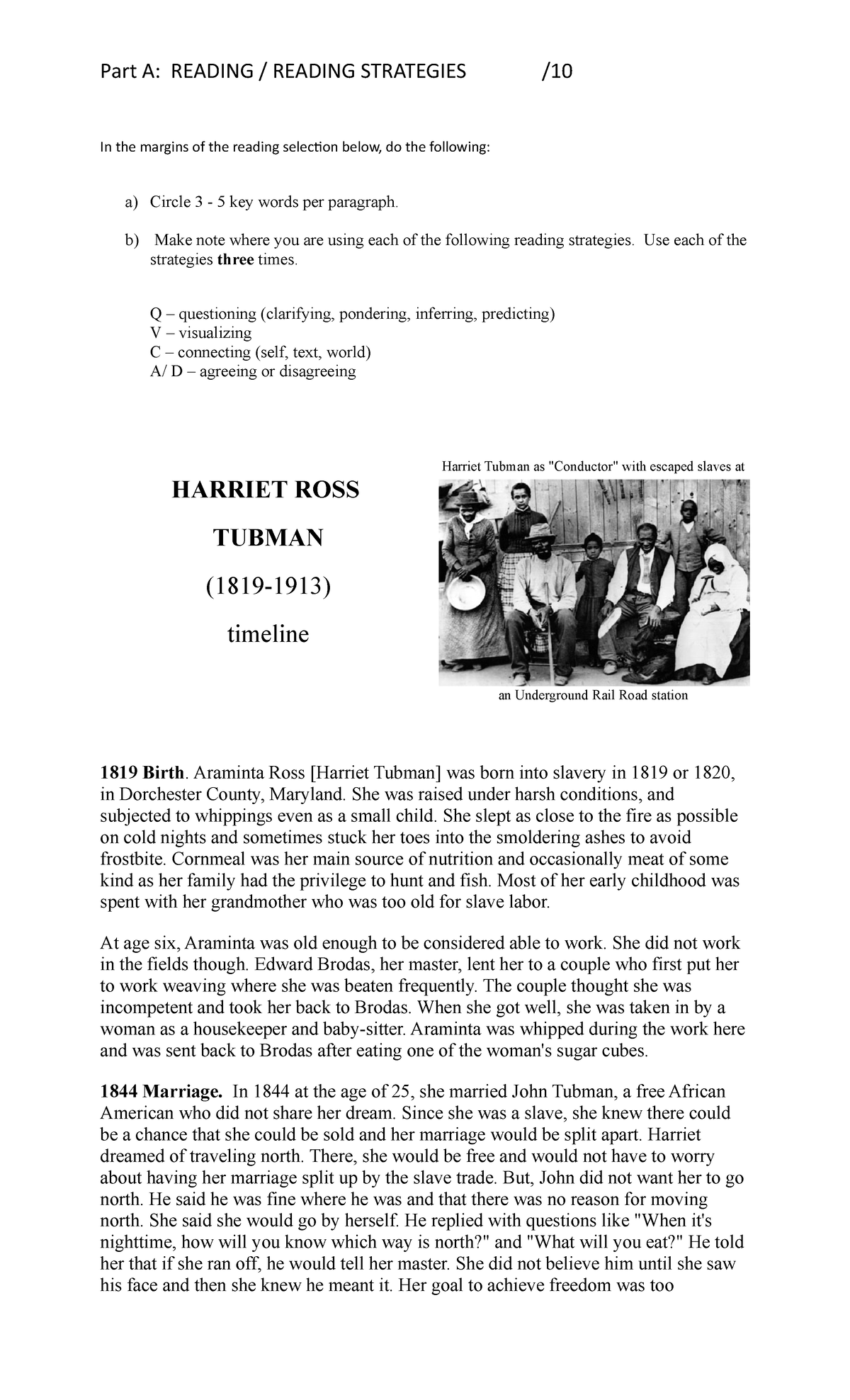 Harriet tubman biography EXAM Review - Part A: READING / READING ...