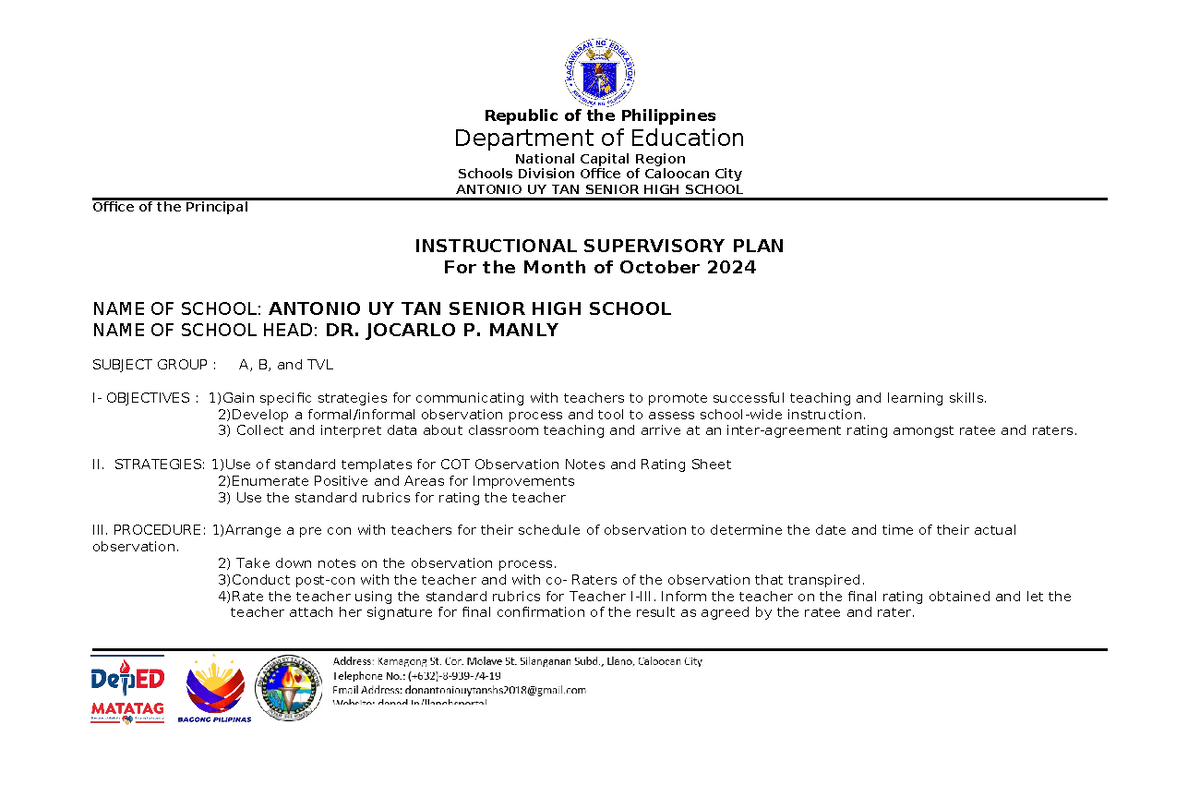 Supervisory plan - October - Republic of the Philippines Department of ...