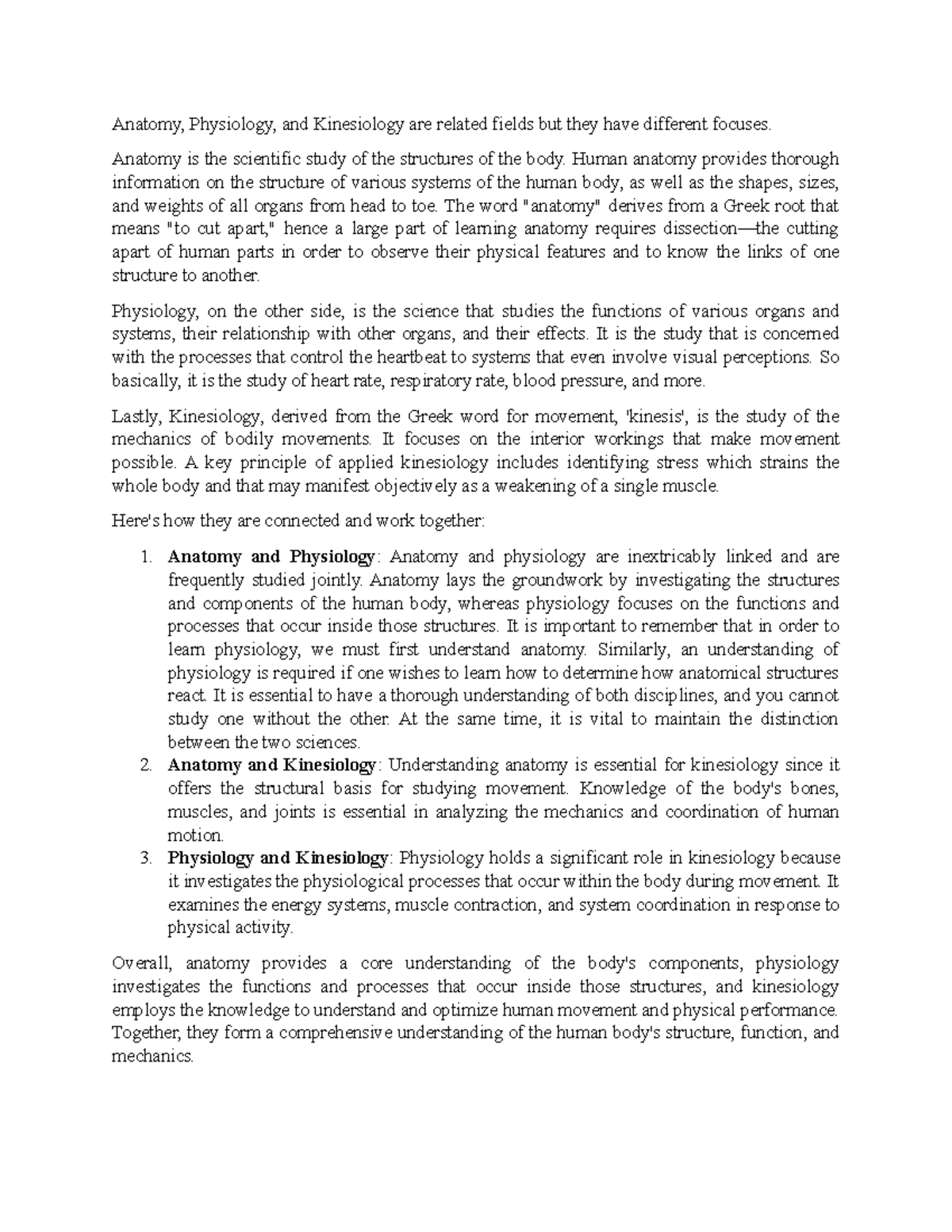 Generalization for Week 1 Anatomy, Physiology, and Kinesiology ...