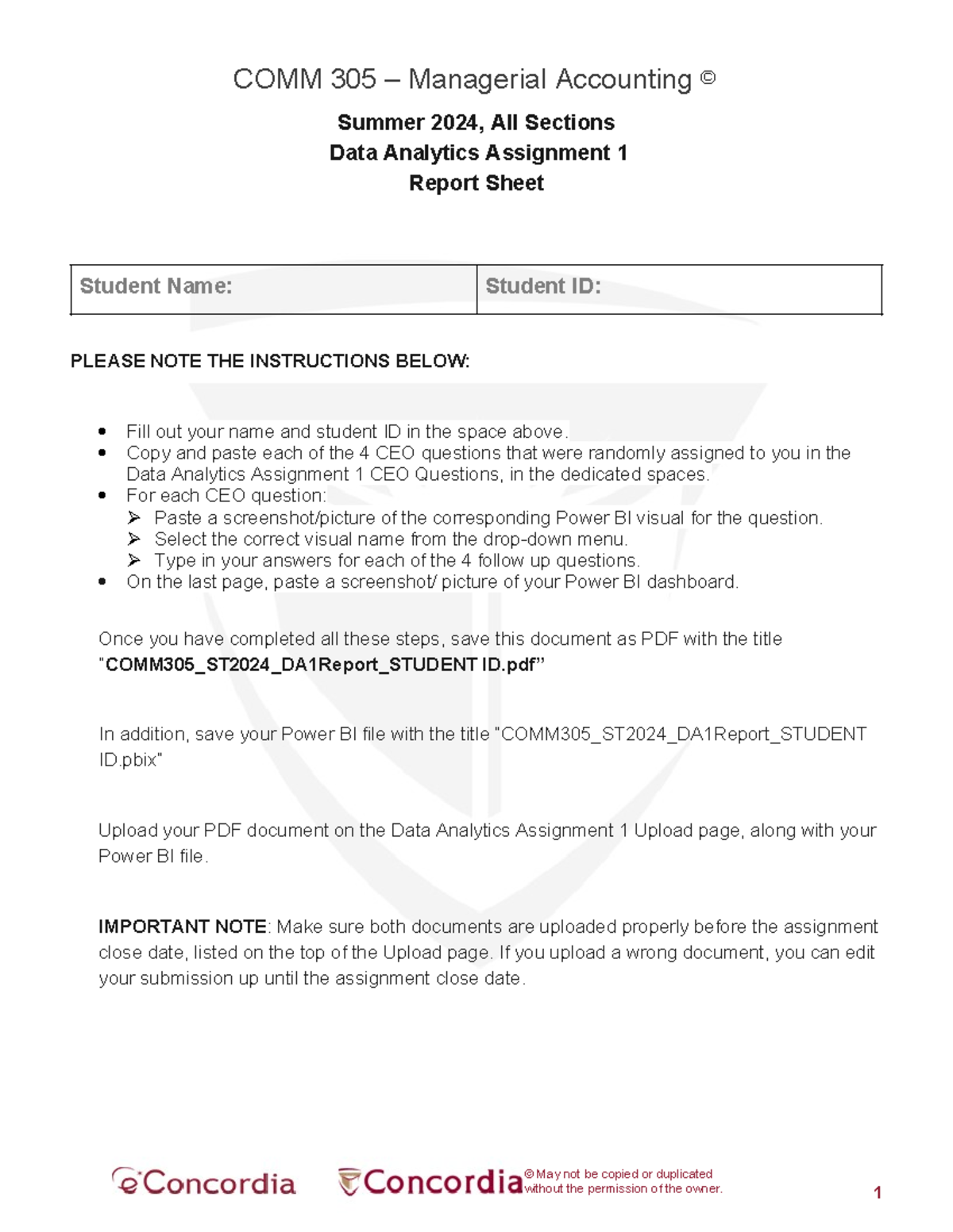 COMM 305 DA Assignment 1 Report Sheet Summer 2024 - © May not be copied or duplicated without ...
