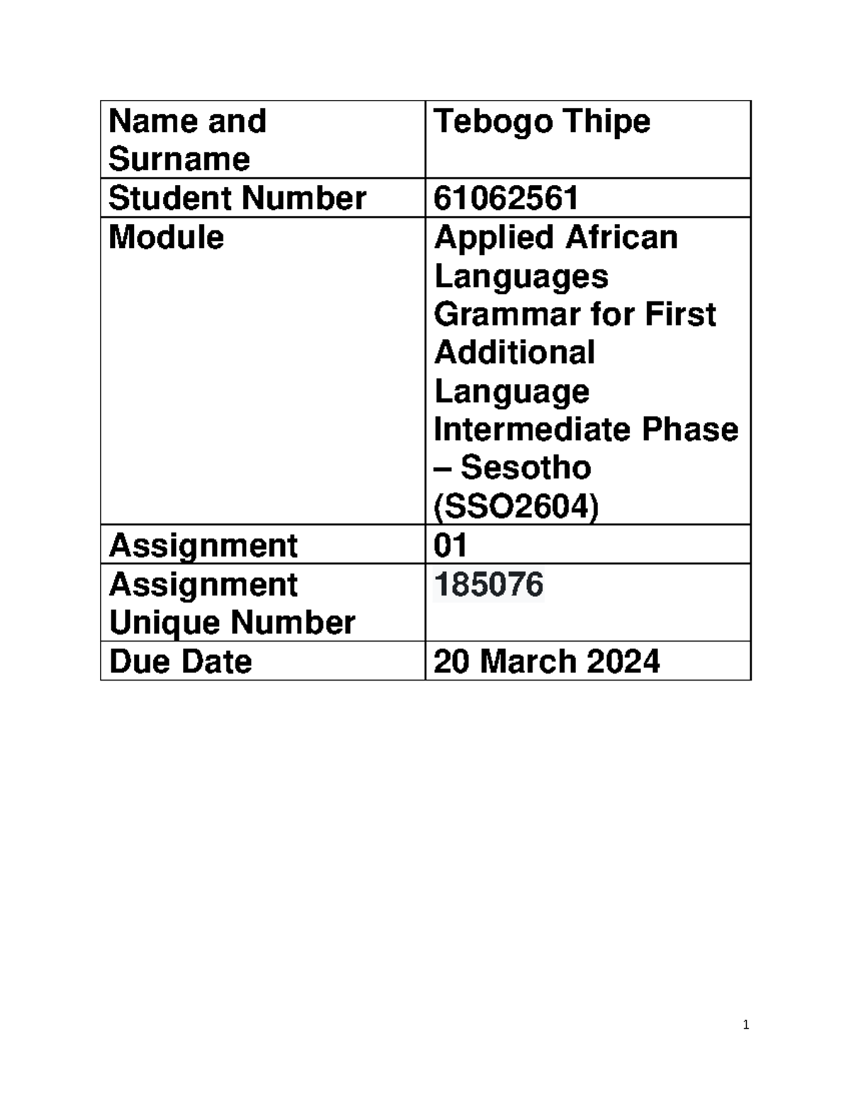 Tebogo Thipe 61062561 SSO2604 Assignment 01 - Name and Surname Tebogo Thipe Student Number ...