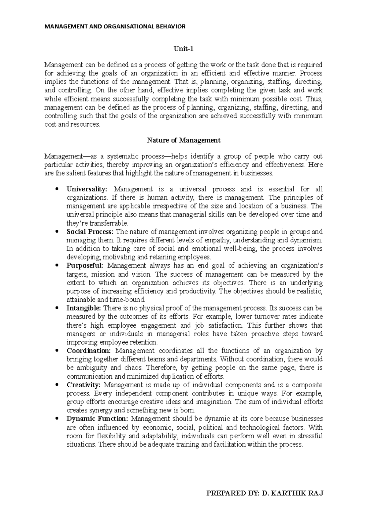 MOB unit-1 - about management and organisation behaviour - Unit ...