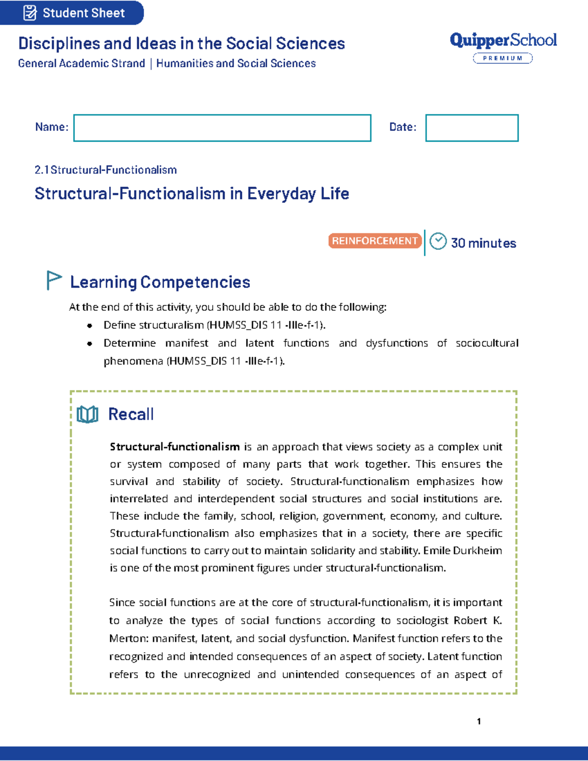 DIS 11 12 Q3 0201 SS Reinforcement - 2 Structural-Functionalism ...