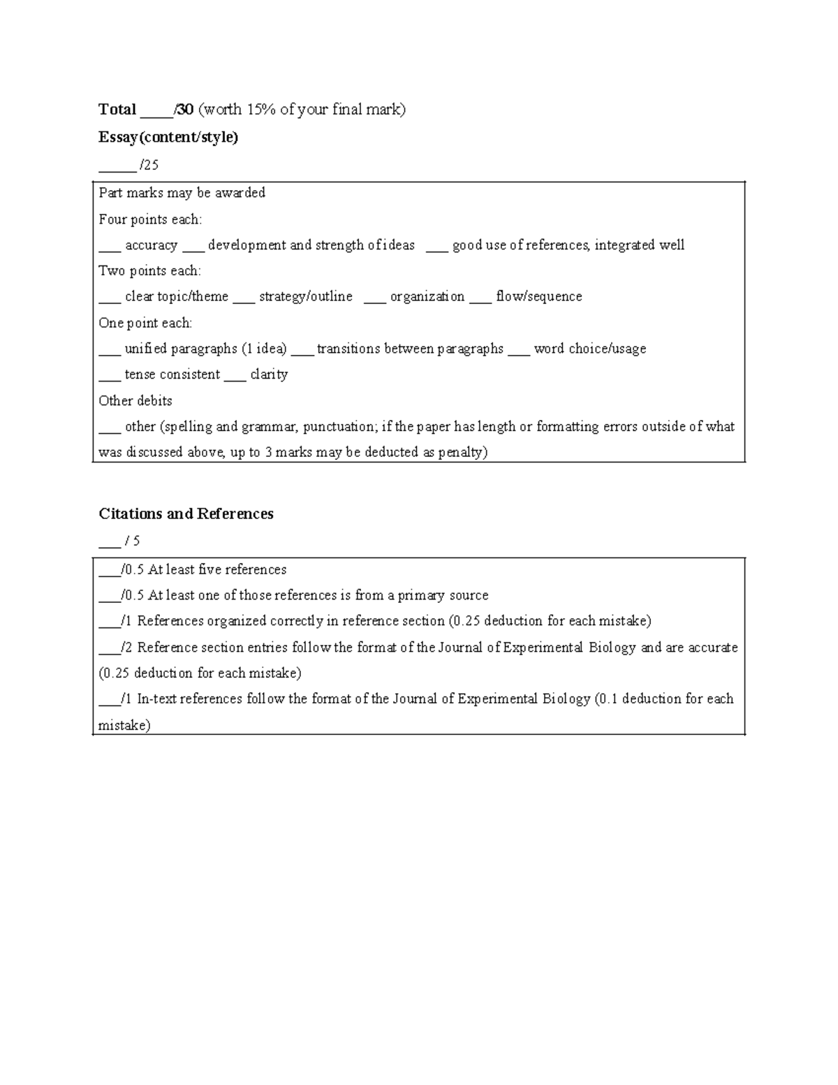 Writing assignment rubric 2023 - Total ____/30 (worth 15% of your final ...