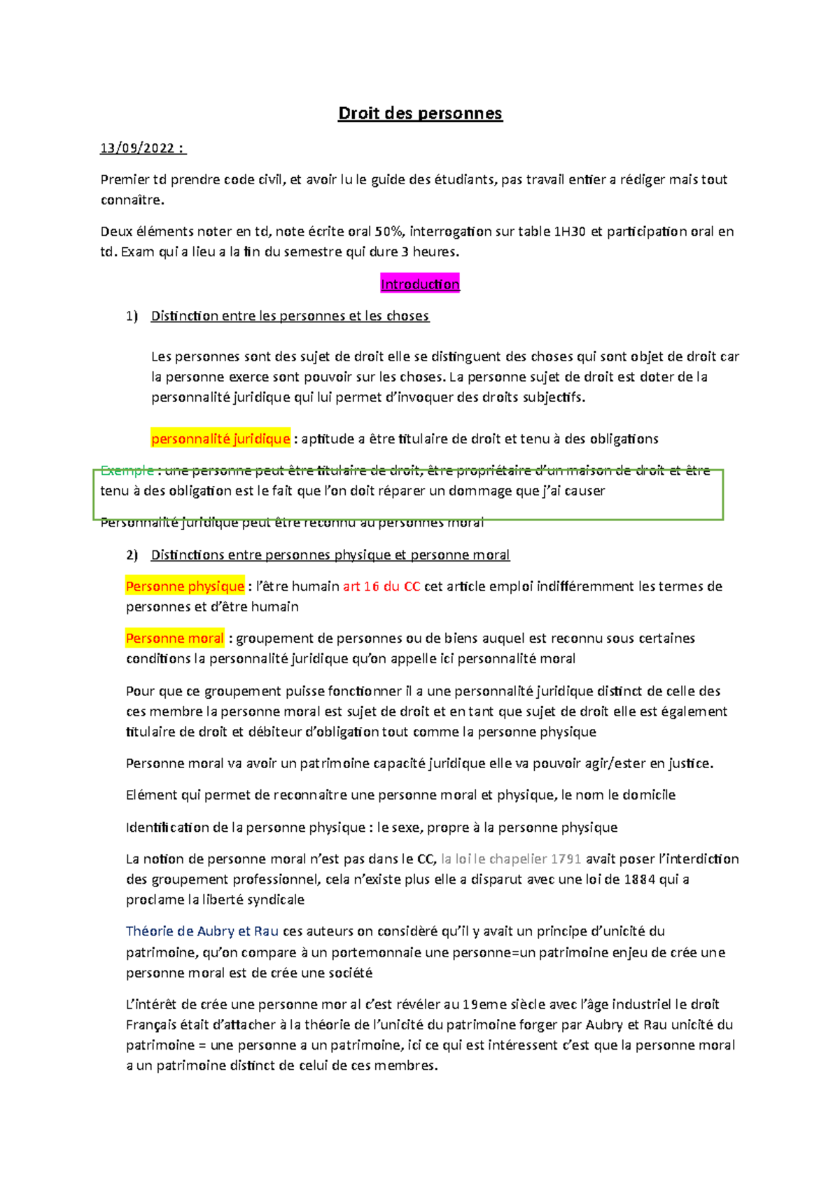 Droit des personnes - note de cours - Droit des personnes 13/09/2022 ...