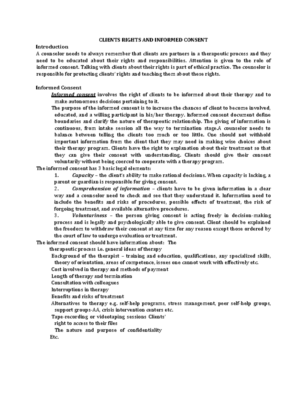 Topic 3 - Clients Rights AND Informed Consent - CLIENTS RIGHTS AND ...