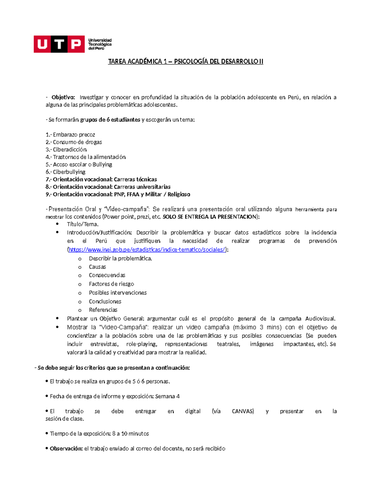 Tarea Académica 1 2021 - TA1 - TAREA ACADÉMICA 1 – PSICOLOGÍA DEL DESARROLLO II Objetivo ...