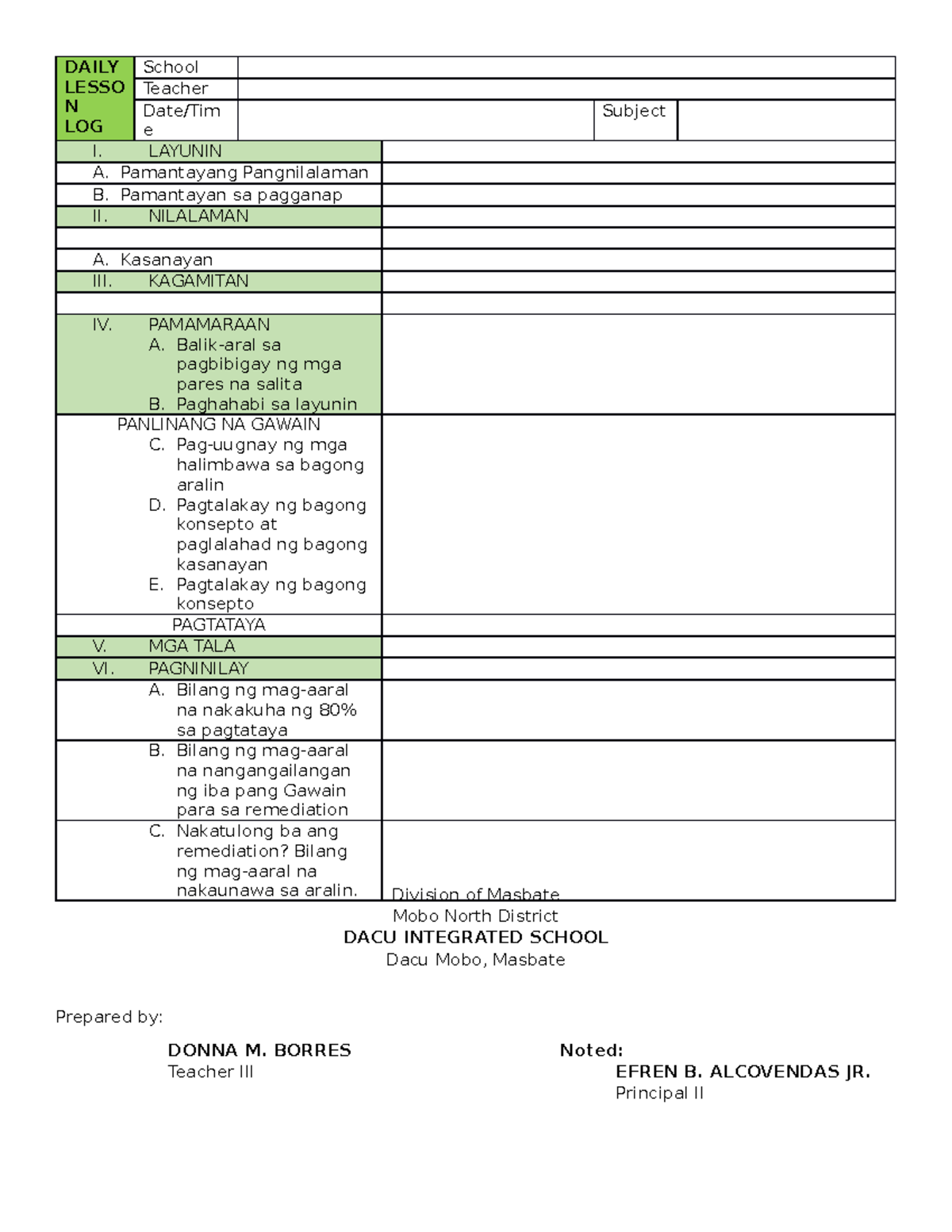 Daily Lesson LOG - Make your job easier - DAILY LESSO N LOG School ...