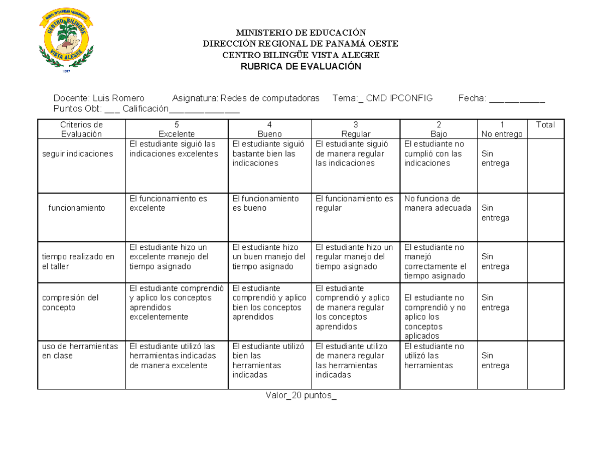 Rubrica de Evaluacion - Jdjdj - MINISTERIO DE EDUCACIÓN DIRECCIÓN ...