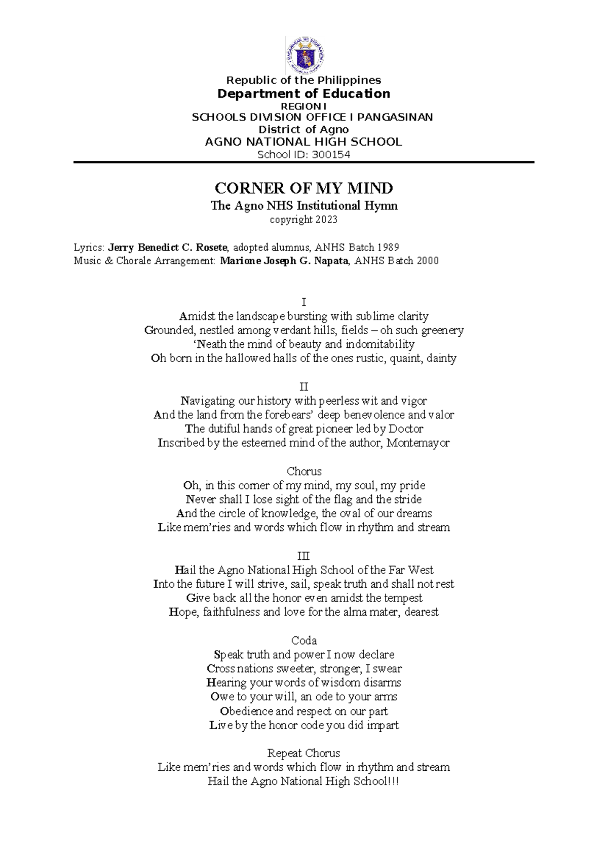 ANHS Institutional Hymn lyrics - Republic of the Philippines Department of Education REGION I ...