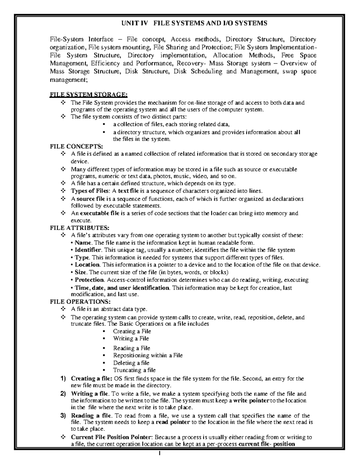Operating System-UNIT IV - UNIT IV FILE SYSTEMS AND I/O SYSTEMS File-System Interface – File ...