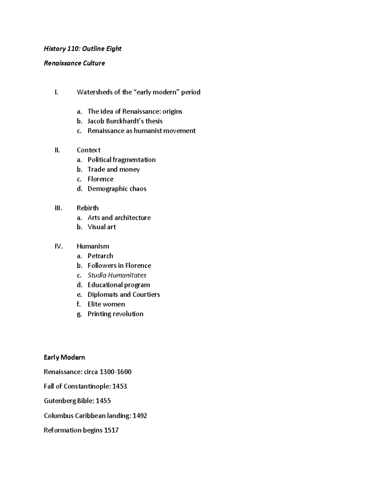 Hist 110 Outline Week 7 - History 110: Outline Eight Renaissance ...