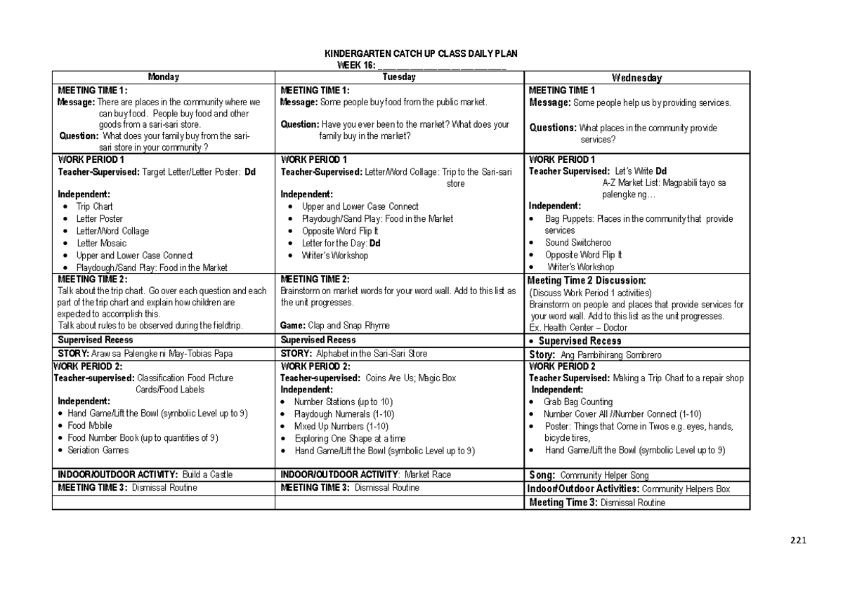 Kindergarten Lesson Plan Week 16 - KINDERGARTEN CATCH UP CLASS DAILY ...