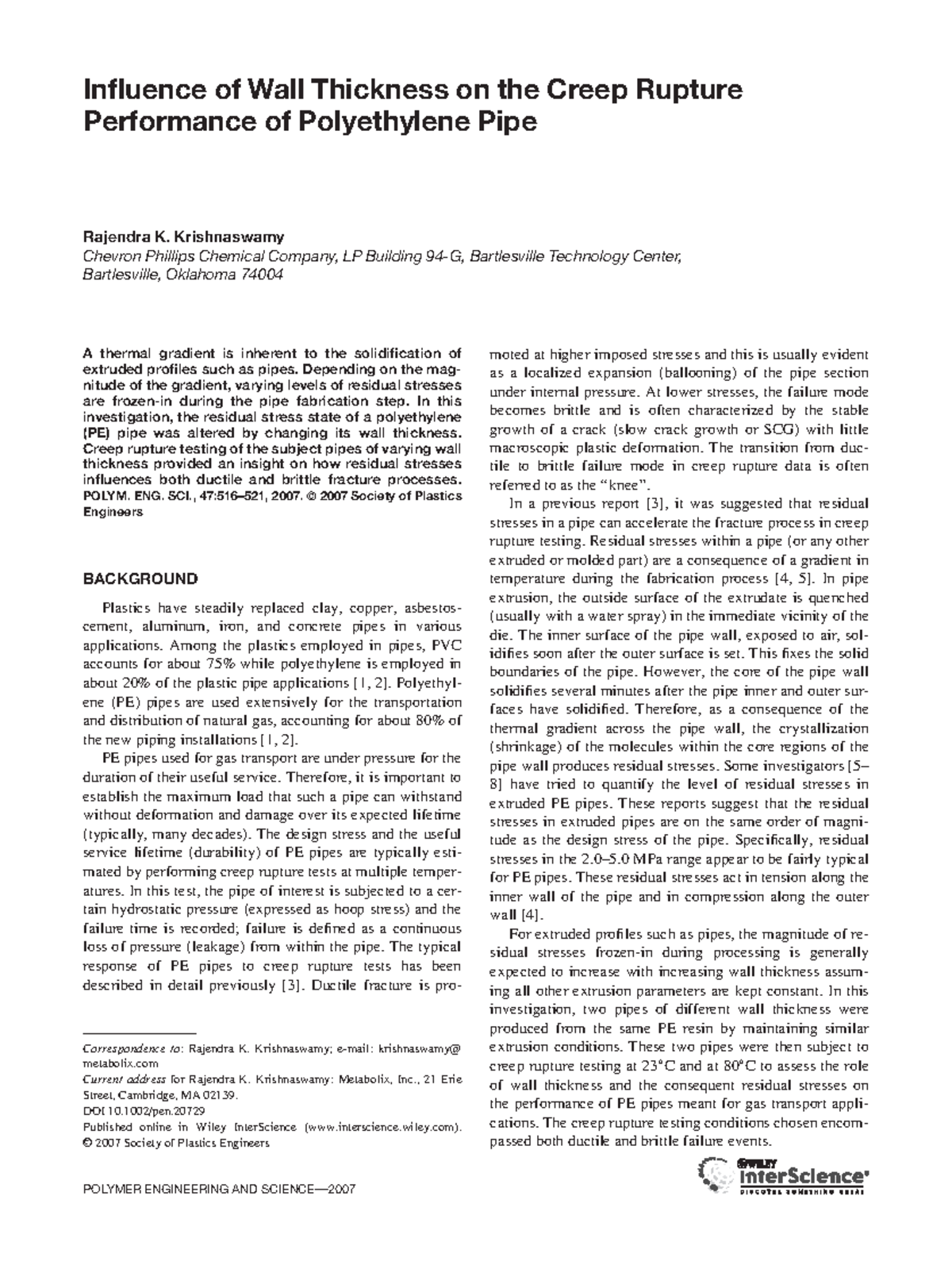 Influence of Wall Thickness on the Creep Rupture Performance of PE Pipe ...