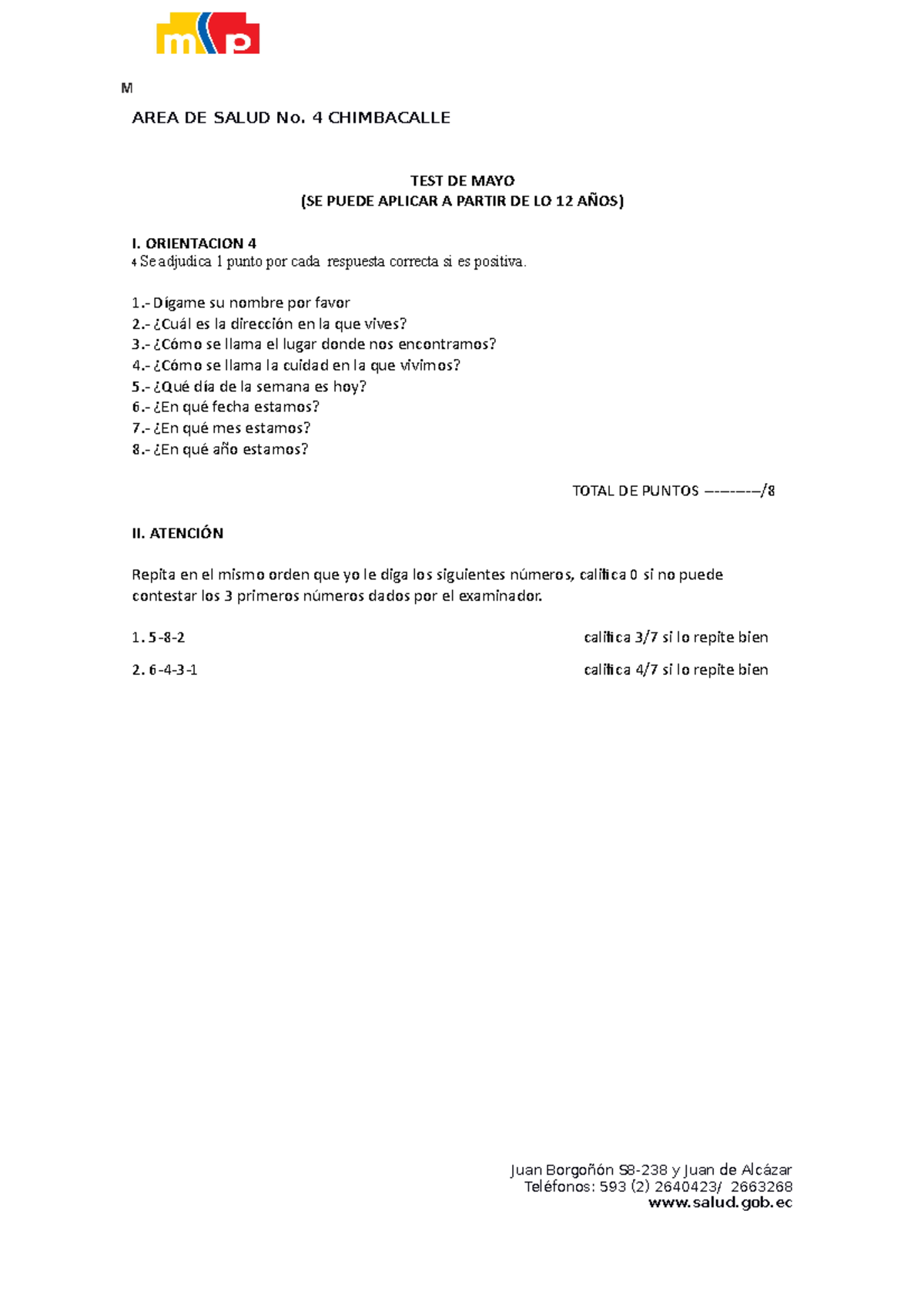 TEST DE MAYO Dr Gómez para aplicar en evaluaciones - TEST DE MAYO (SE ...