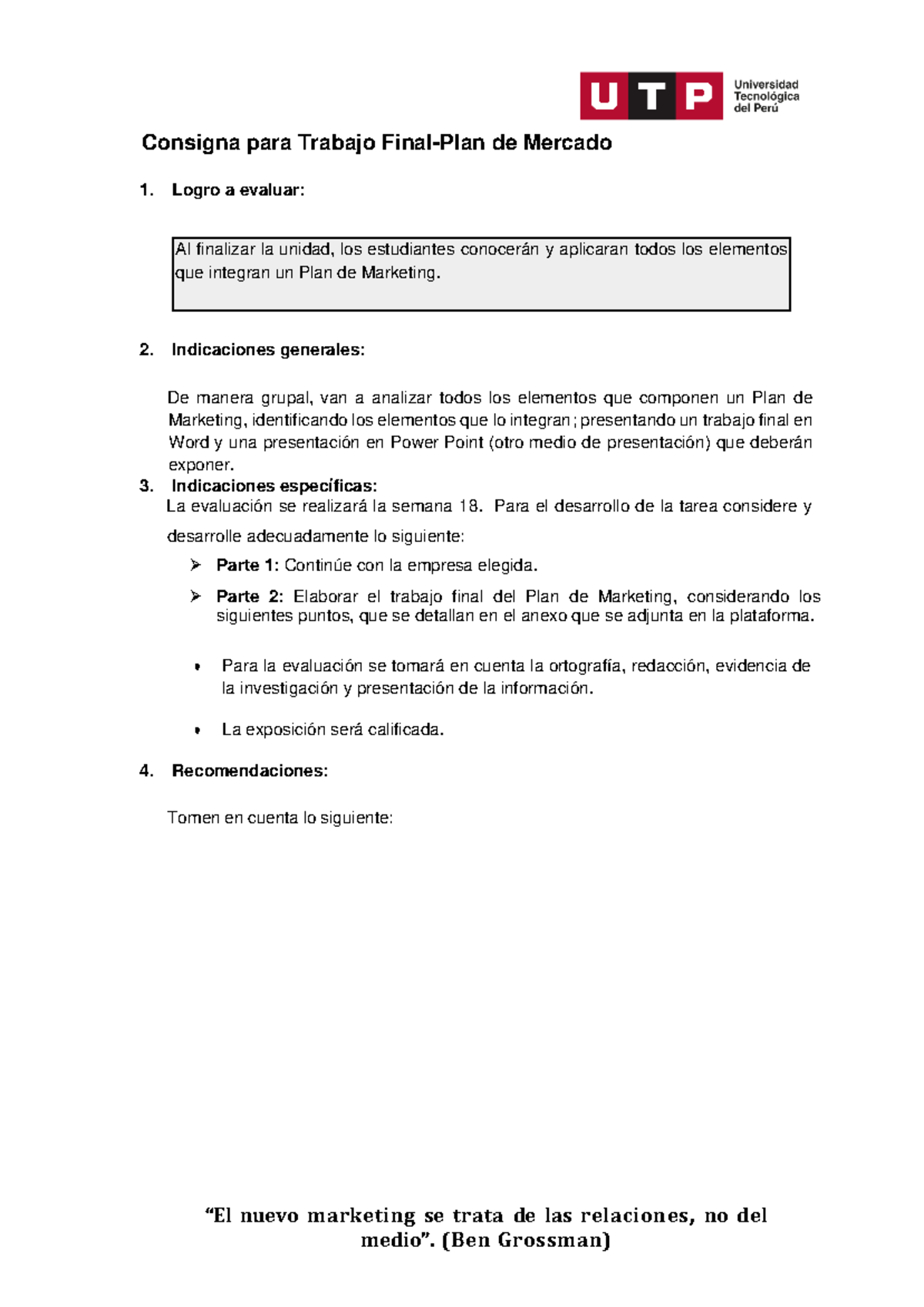S018 s1 - Consigna DE Trabajo Final Plan de Mercado - “El nuevo marketing se trata de las - Studocu