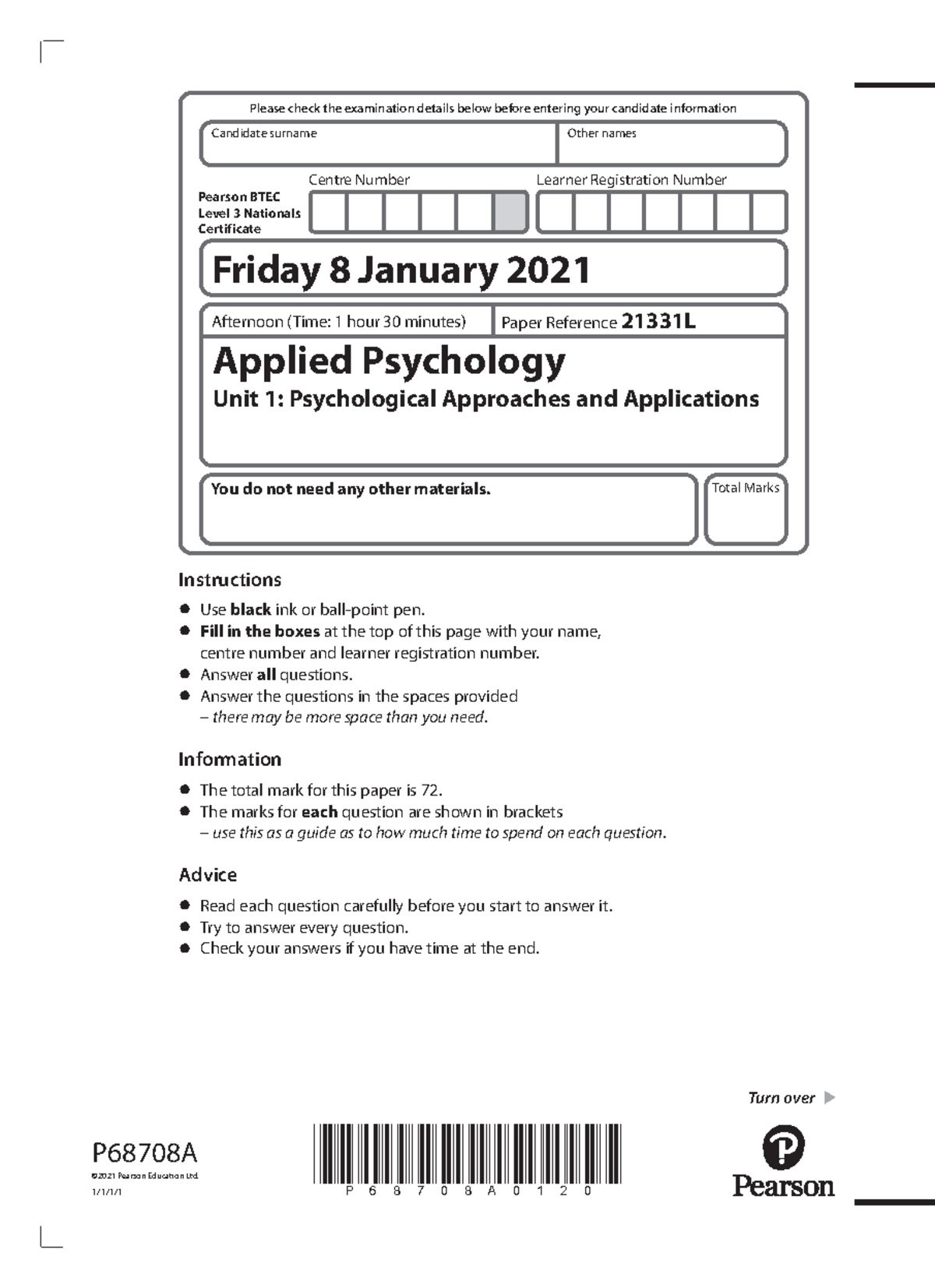 Pearson - Applied Psychology Past Paper - P68708A0120 Turn over ...