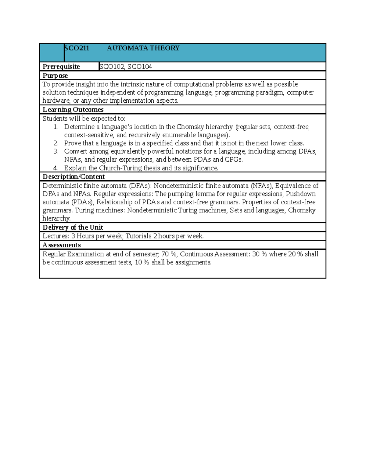 SCO211 Automata Theory Course Outline - SCO211 AUTOMATA THEORY ...