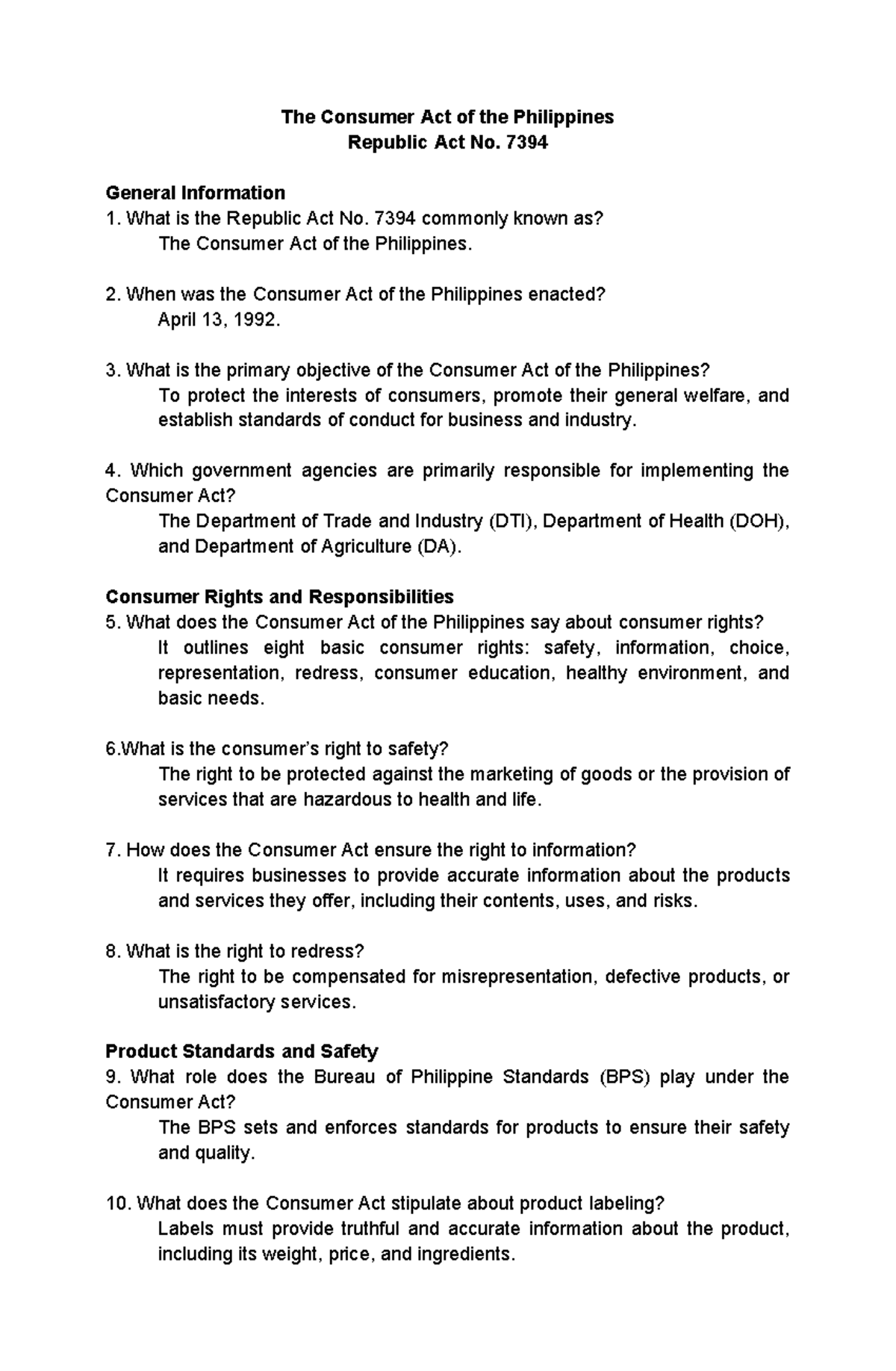 Republic Act No. 7394 - For Educational purposes - The Consumer Act of ...