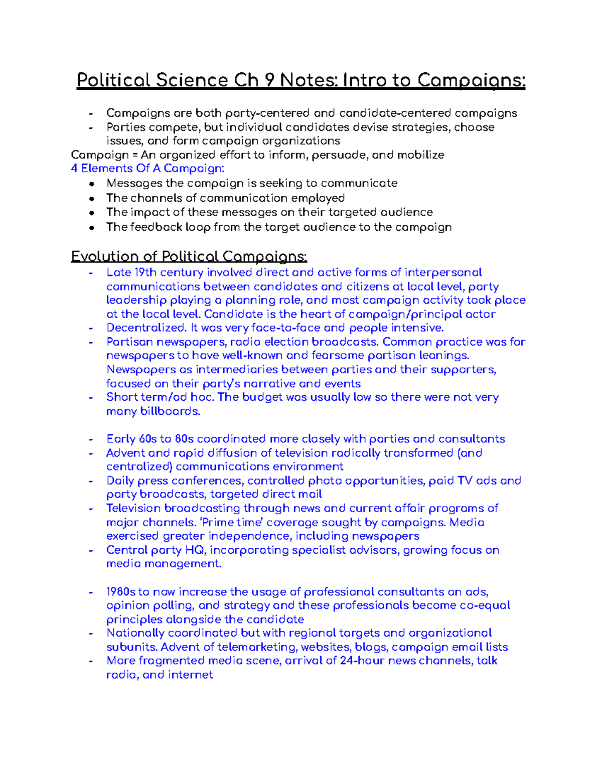 Political Science Ch 9 Notes Intro to Campaigns - Political Science Ch ...