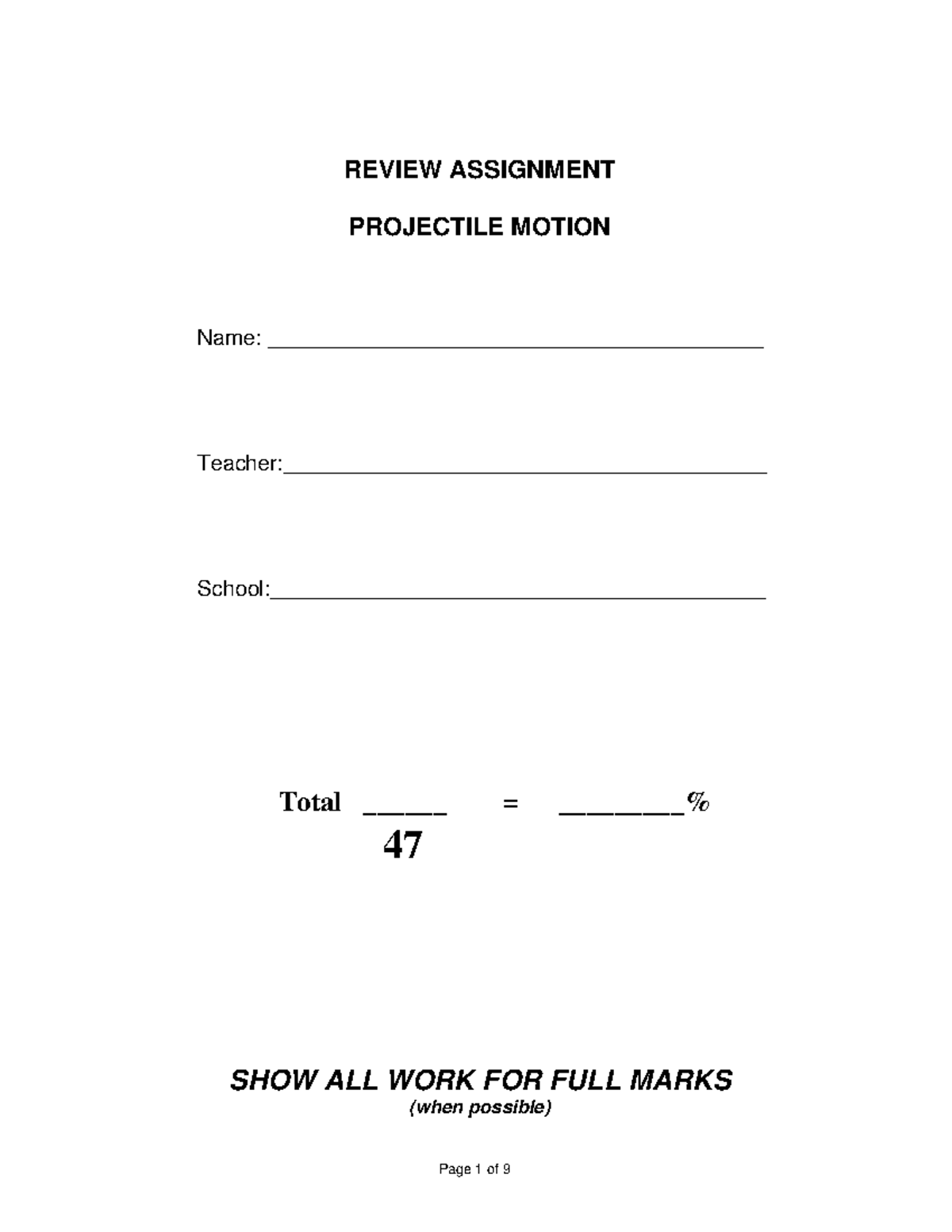 3 - Projectile Motion - Review Assignment - REVIEW ASSIGNMENT ...