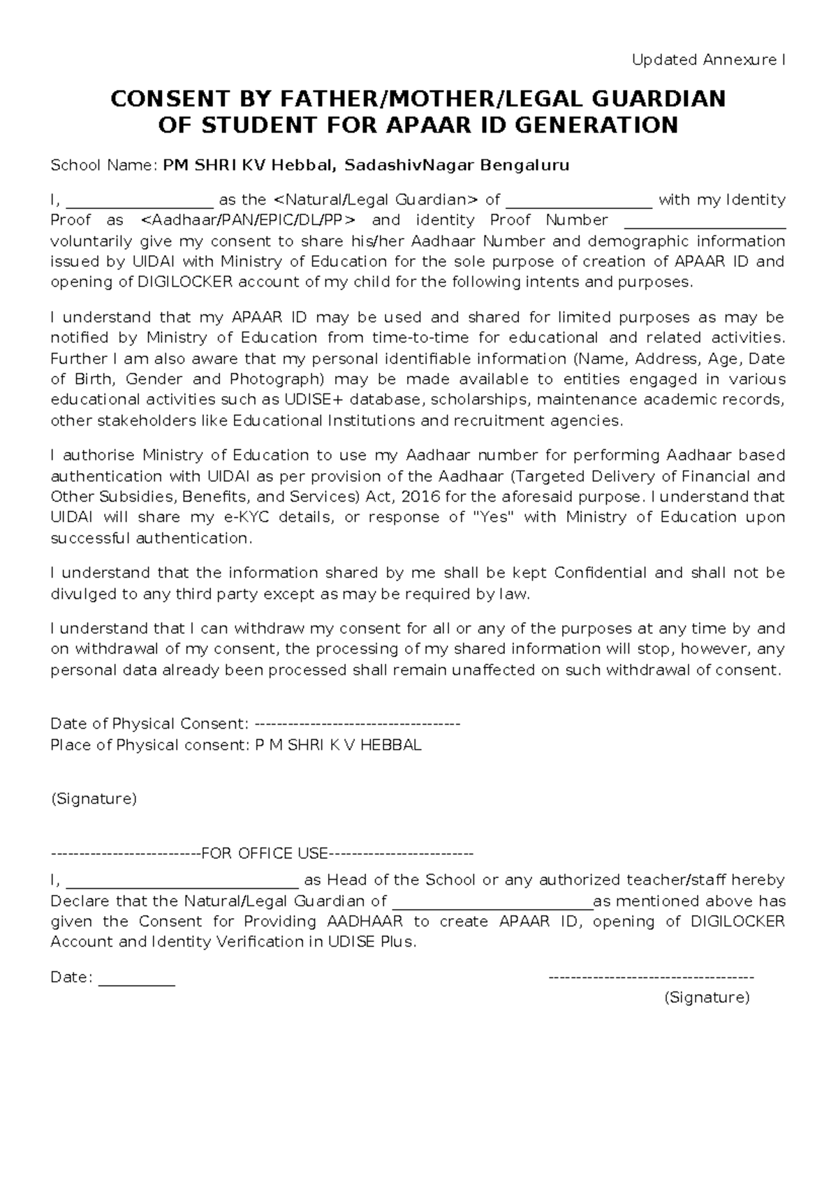 Updated Annexure I Parent consent Hebbal - Updated Annexure I CONSENT ...
