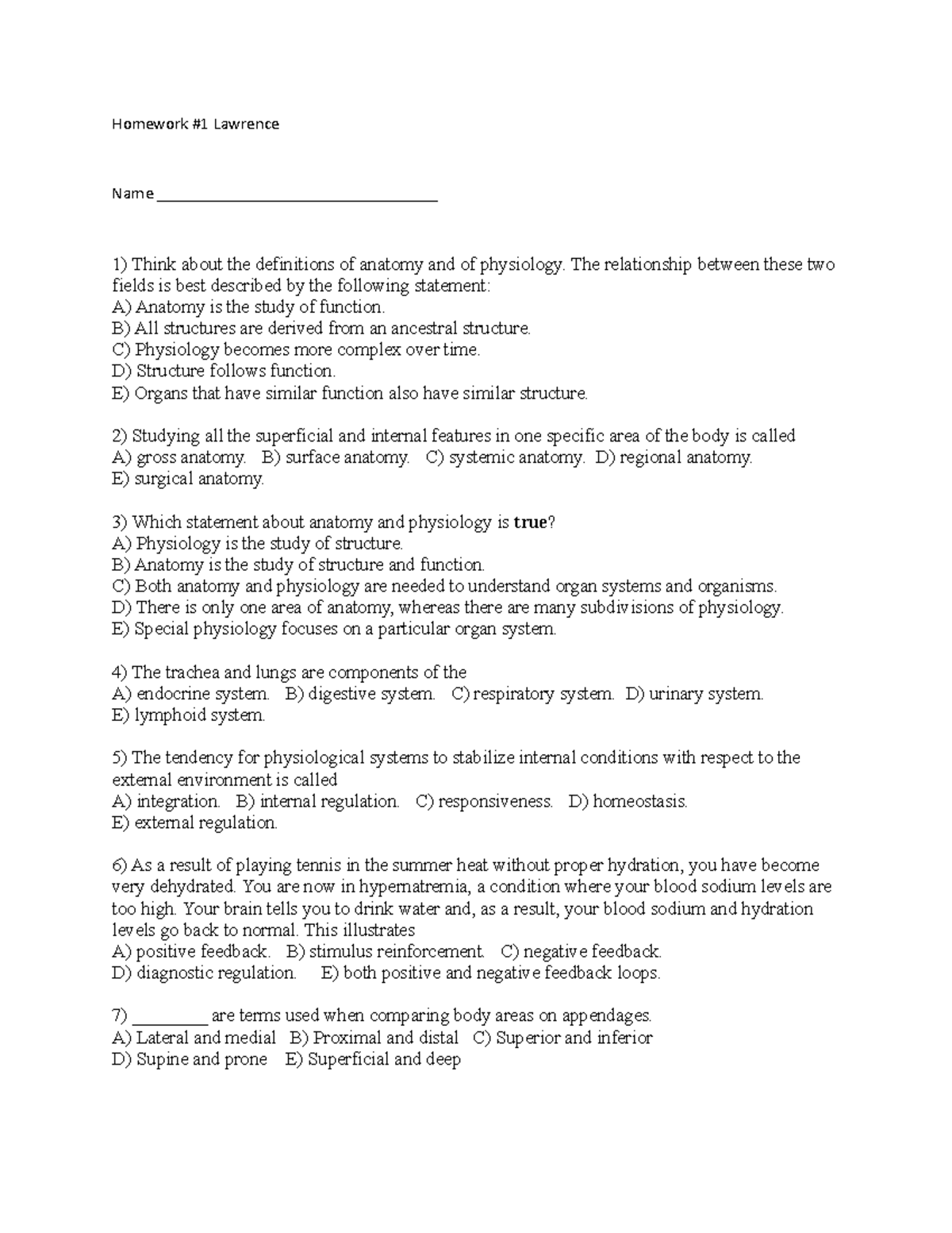 Bio 258 H#1 - anatomy intro test - Homework #1 Lawrence Name