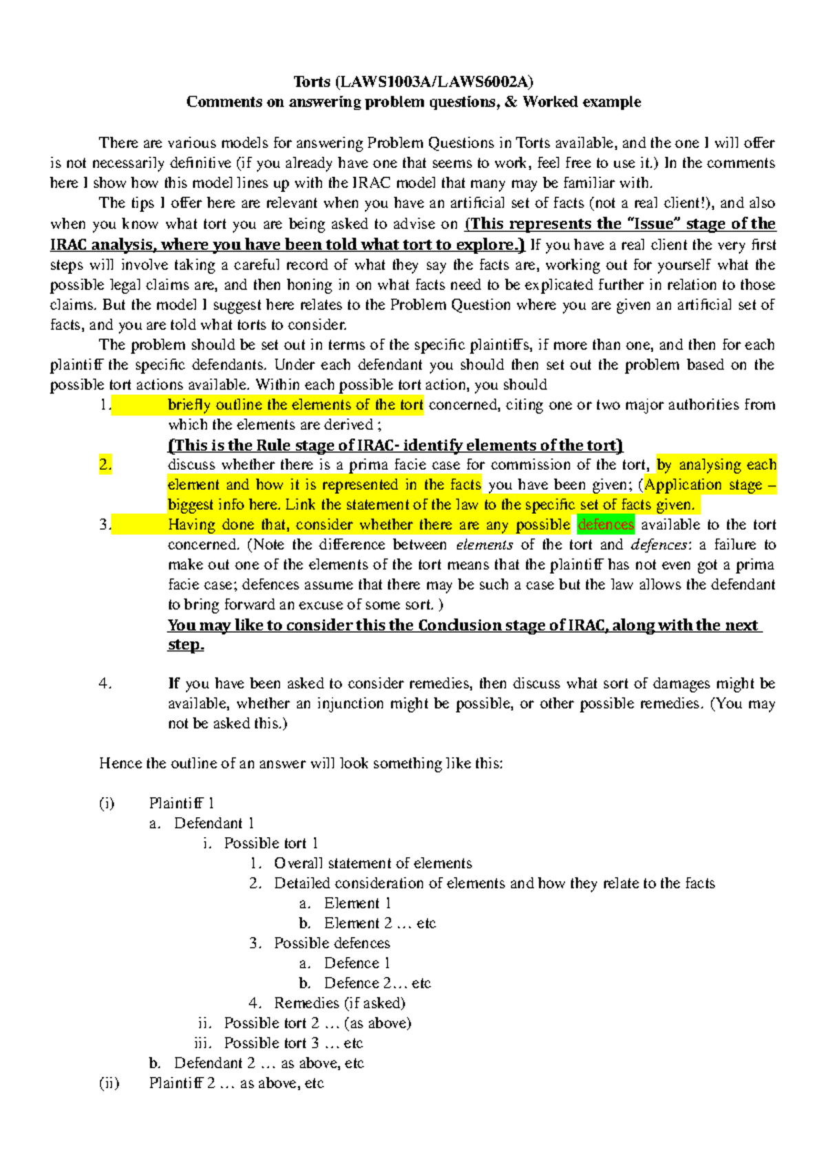Torts Problem Solving template - Torts Comments on answering problem ...