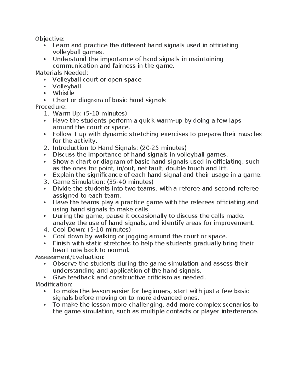 Hand signals Lesson plan - Objective: Learn and practice the different ...