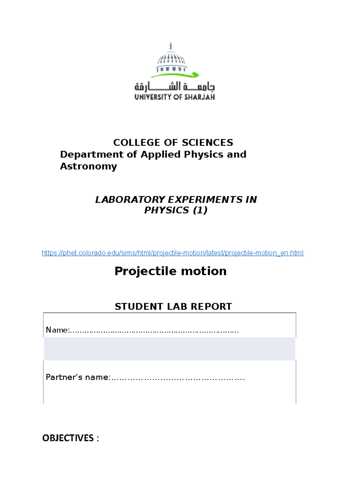 Projectile Motion Worlsheet - COLLEGE OF SCIENCES Department of Applied ...
