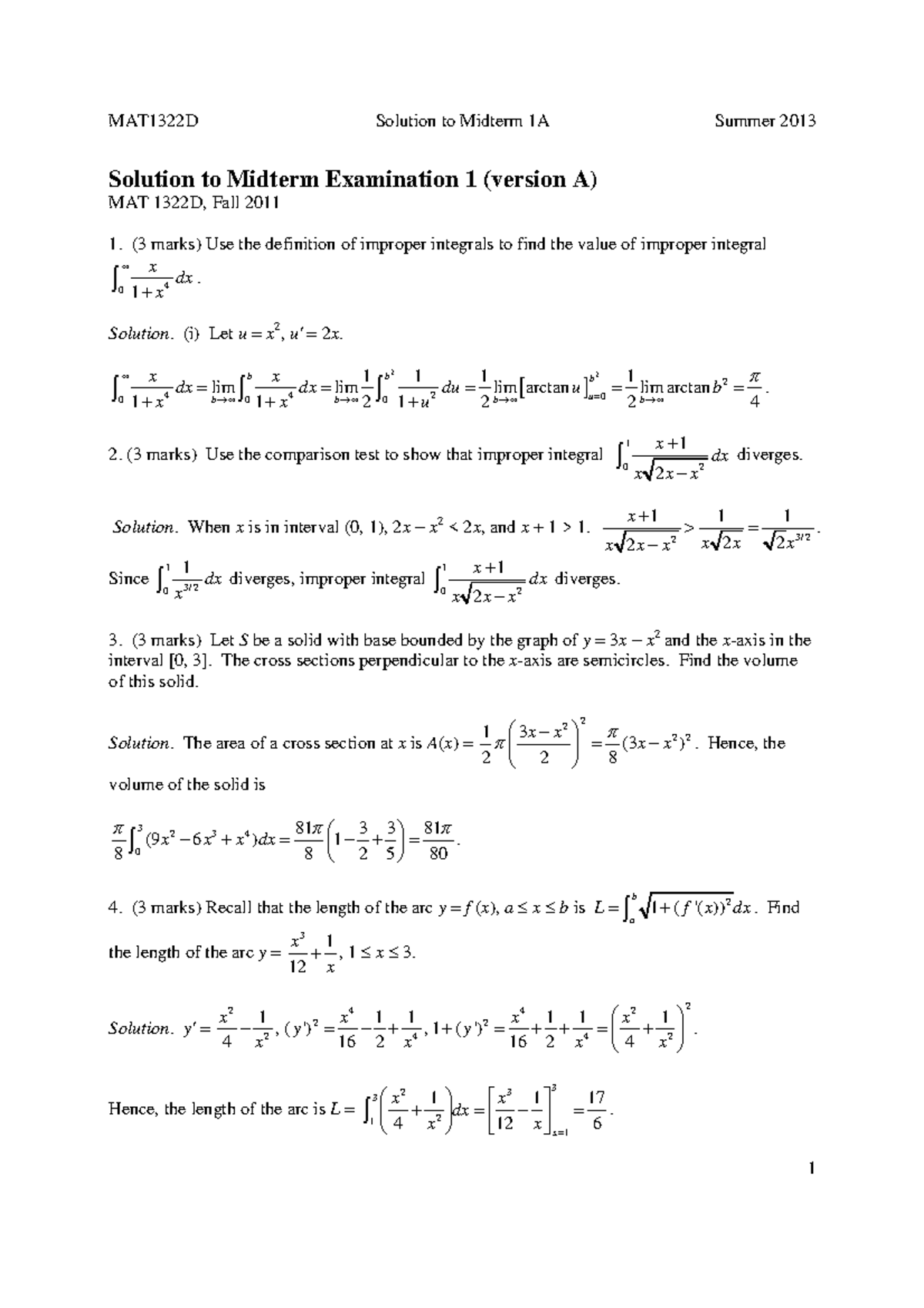 Midterm 13 - MAT1322D Solution to Midterm 1A Summer 2013 1 Solution to ...