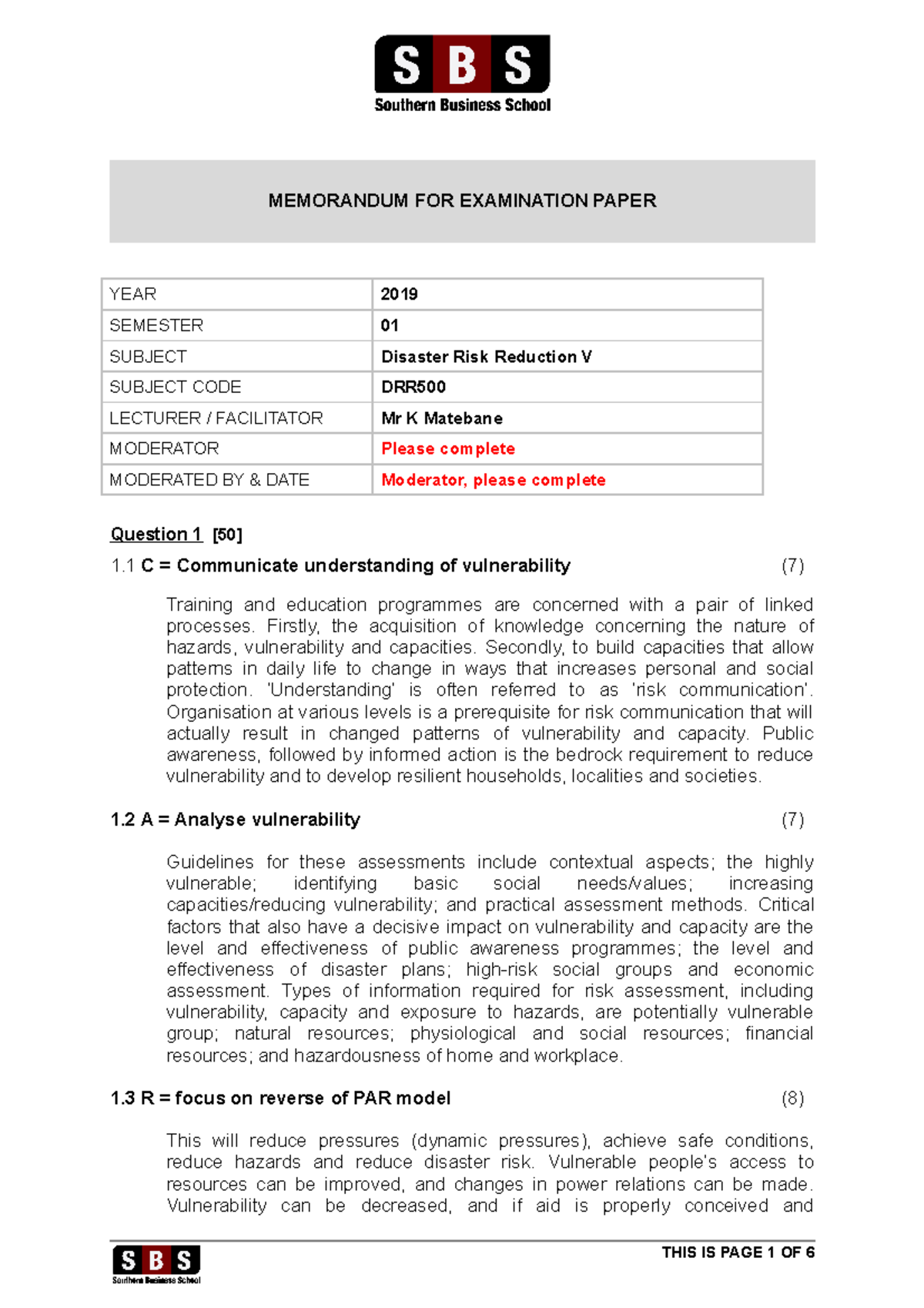 DRR500 2019 01 EXAM MEMO - MEMORANDUM FOR EXAMINATION PAPER YEAR 2019 ...